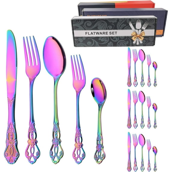 20- Rainbow Flatware Set, Royal Hammered Silverware Set Made Of Stainless Steel, Include Fork ...