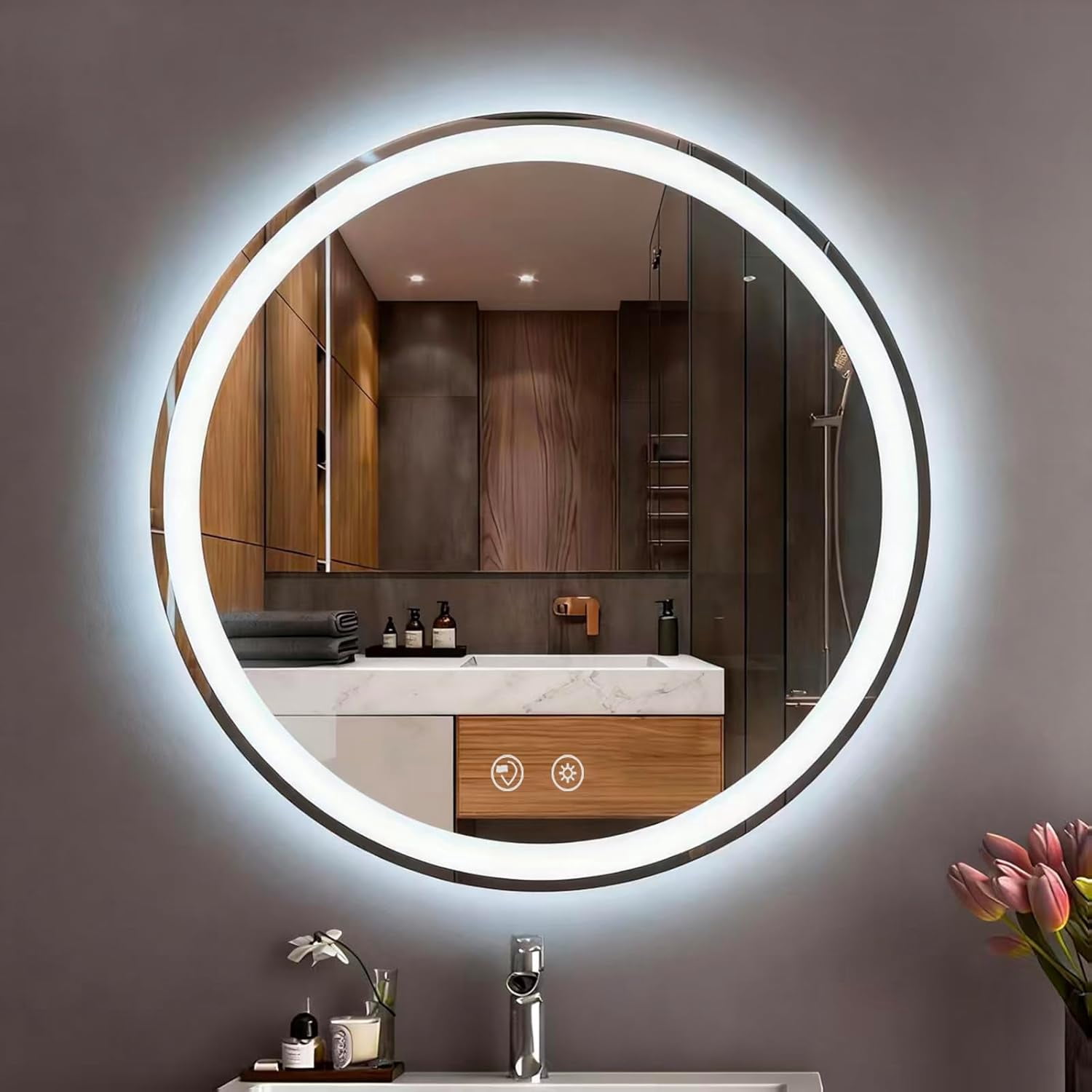 20" Round Bathroom Mirror with Lights, Touch 3-Color Dimming Lighted ...