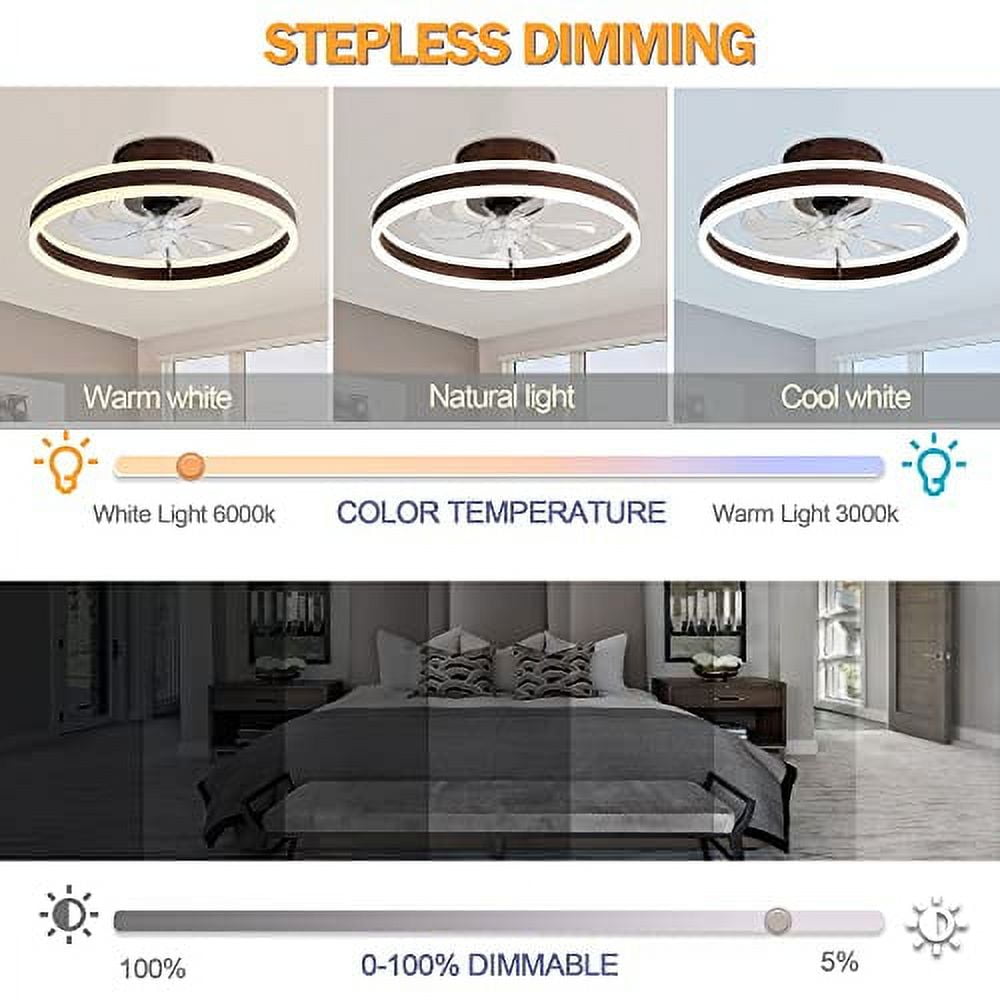 20" Round Flush Mount Ceiling Fan with Lights, Modern Dimmable LED Low ...