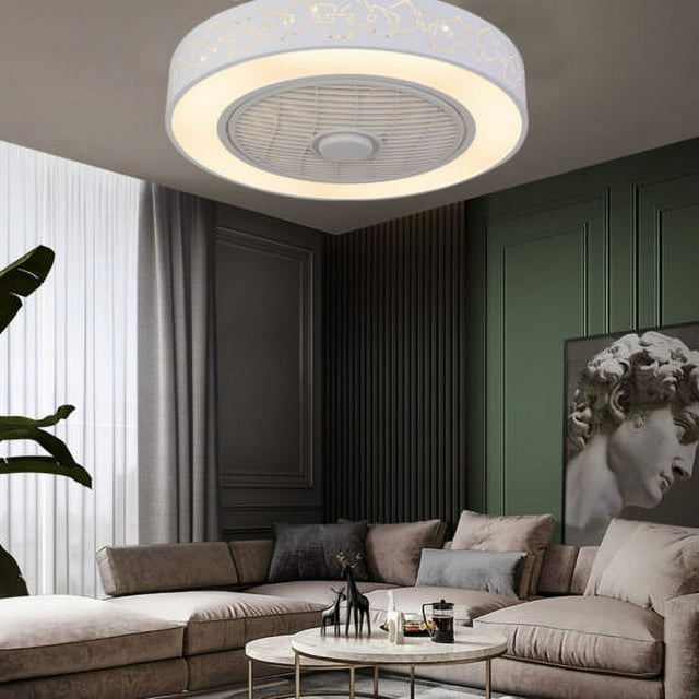 20" Round LED Ceiling Fan Light Flush Mount Dimmable Chandelier Fan ...