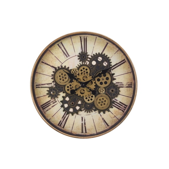 20" Round Wall Clock Tempered Glass Sheet Metal Plastic Brown Open Gear ...