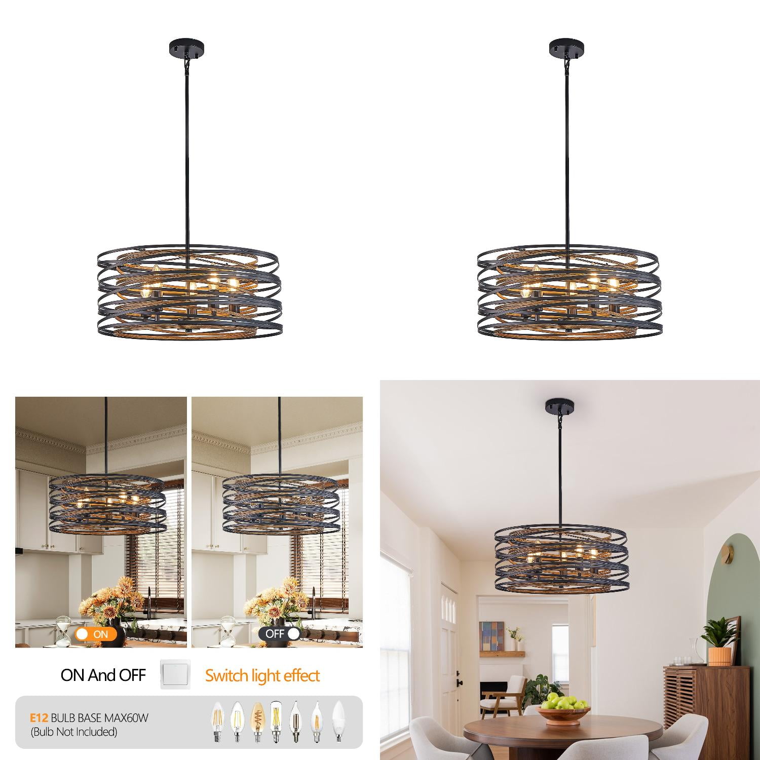 20” Rustic Industrial Pendant Light 5-Light Black and Walnut Metal Cage ...