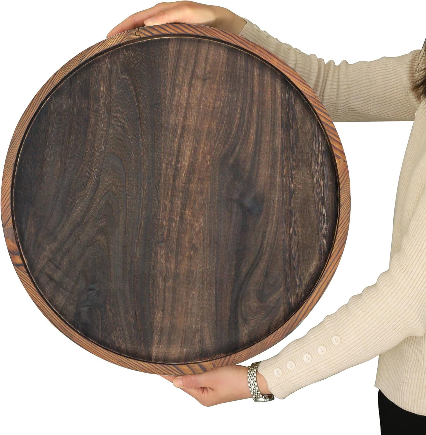 20" Rustic Wooden Serving Tray - Extra Large Round Ottoman Table Tray ...