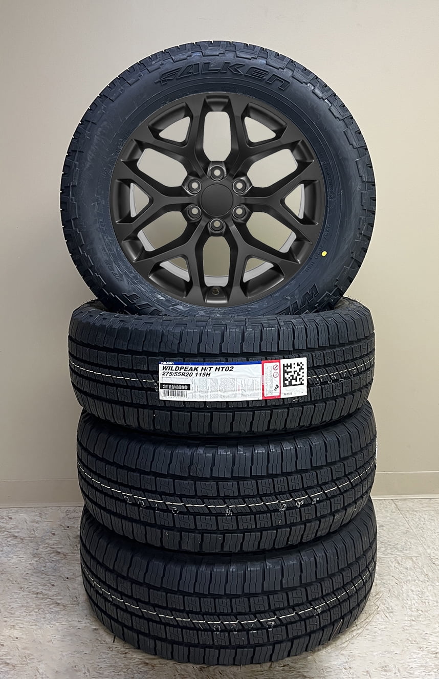 20" Satin Black Snowflake Wheels with 275/55R20 All Season Tires SET of 4 fits Chevy Silverado ...