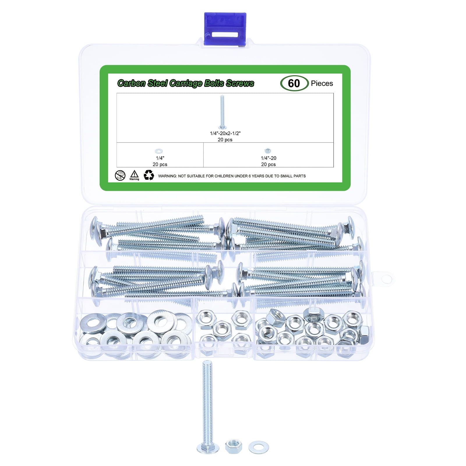20 Set Carriage Bolts and Nuts Kit, 1/4"-20x2-1/2" Carbon Steel Round ...