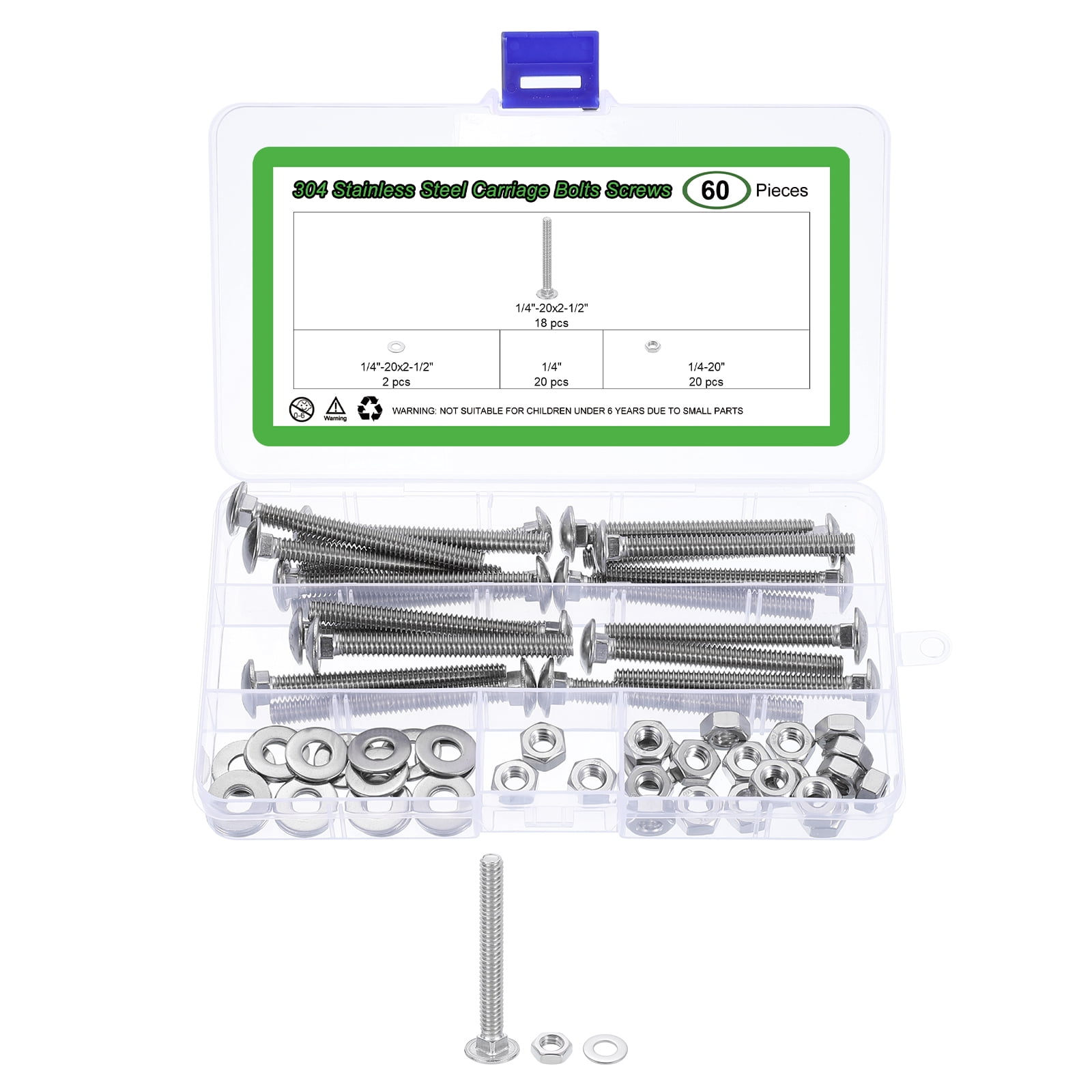 20 Set Carriage Bolts and Nuts Kit, 1/4"-20x2-1/2" Stainless Steel 304 ...