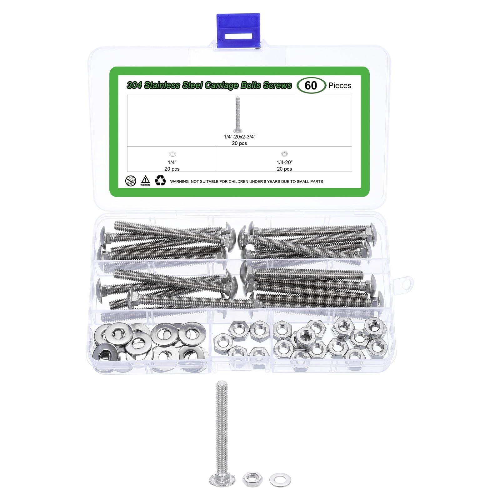 20 Set Carriage Bolts and Nuts Kit, 1/4"-20x2-3/4" Stainless Steel 304 ...