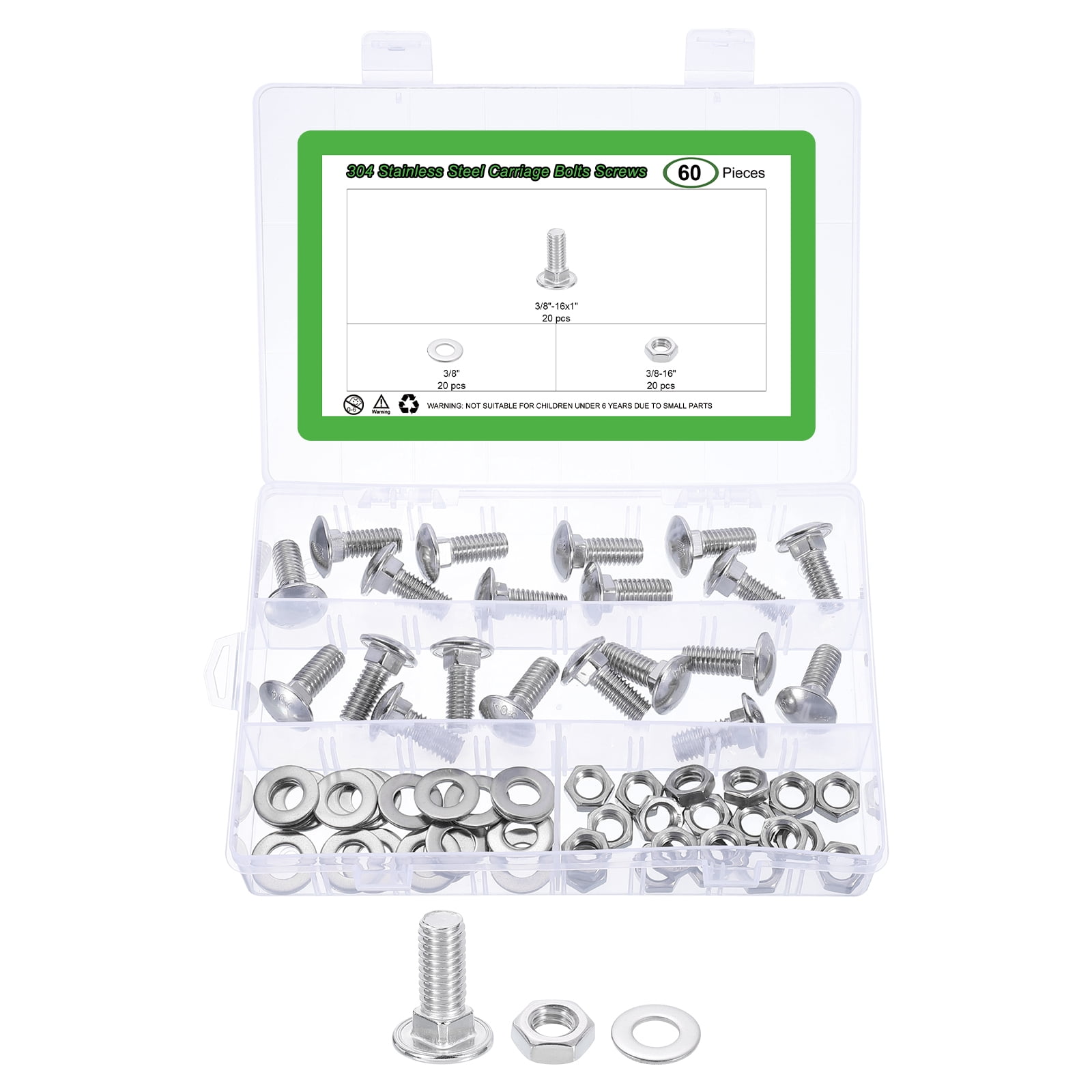 20 Set Carriage Bolts and Nuts Kit, 3/8"-16x1" Stainless Steel 304 ...