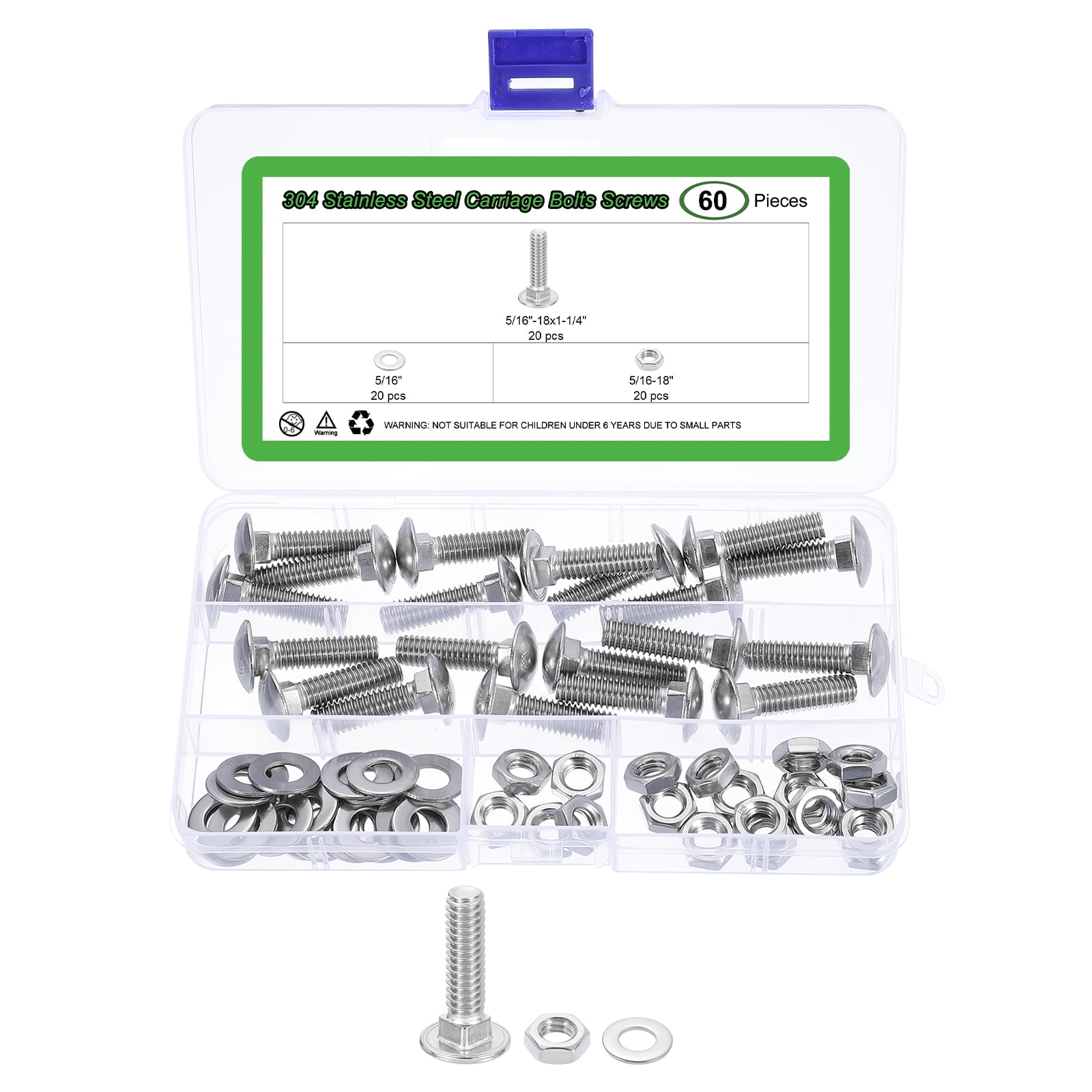 20 Set Carriage Bolts and Nuts Kit, 5/16"-18x1-1/4" Stainless Steel 304 ...