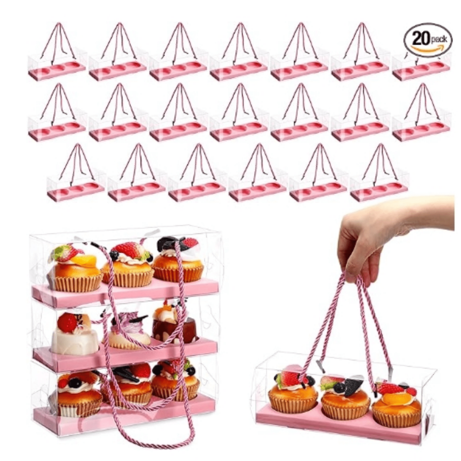 20 Set of Clear Cupcake Boxes 9" x 3" x 3" Portable Pastry Packaging ...