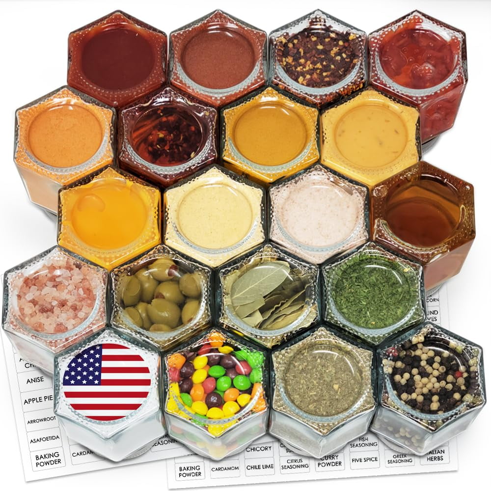 20 Set Magnetic Spice Jars Large 4 oz Hexagon Glass Spice Jars Magnetic Lids Shaker Spice Labels ...