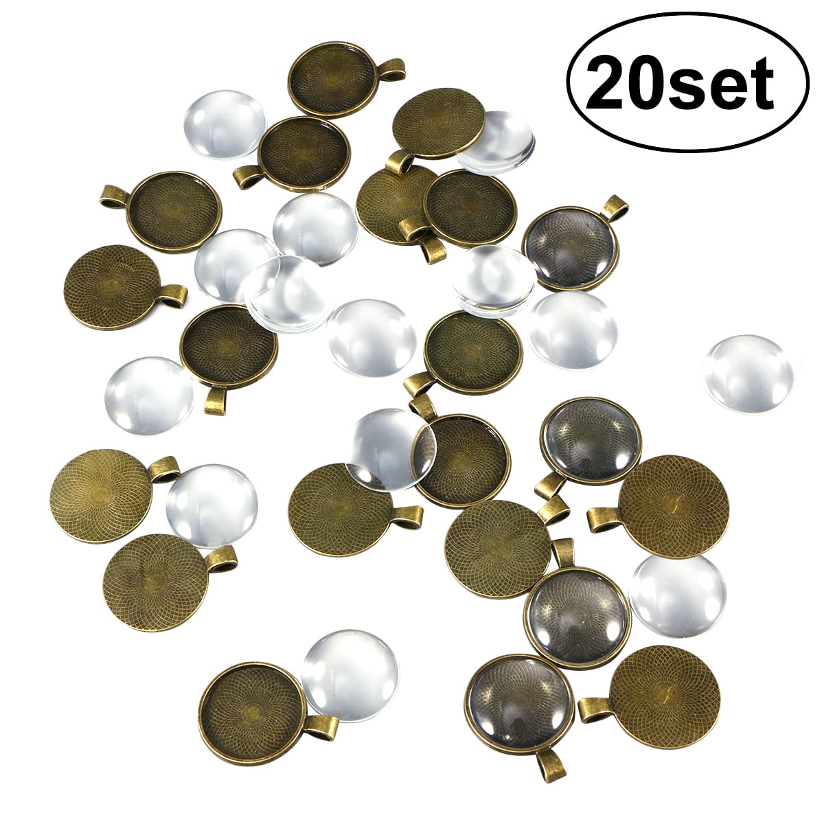20 Set Round Bezel Pendant Trays with Glass Dome Tiles 25 mm Blanks ...