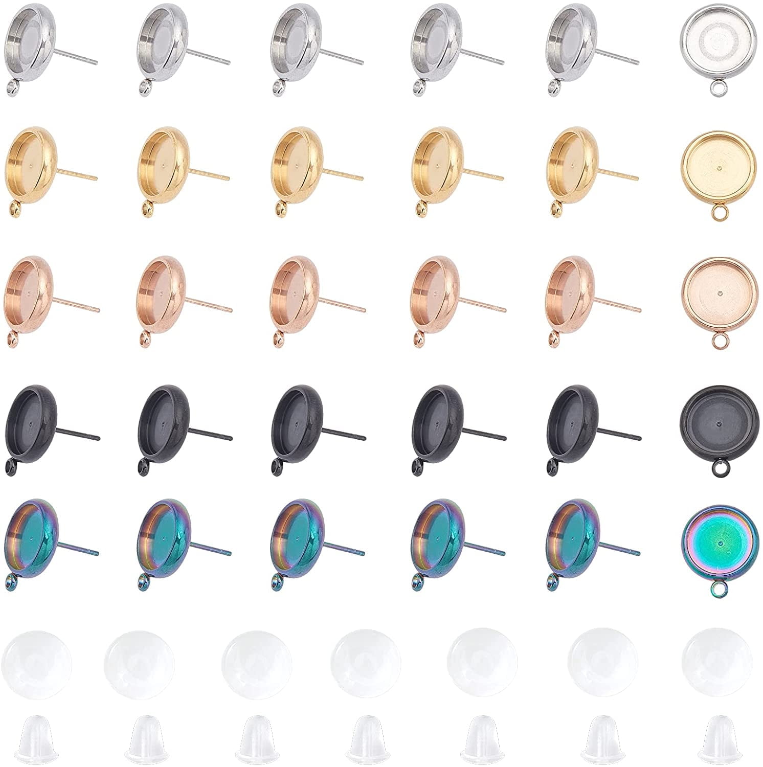 About 20 Sets 5 Colors 10mm Tray Flat Round Stud Earring Blanks with ...