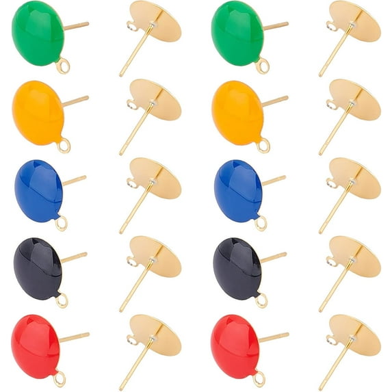 20 Sets 5 Colors Flat Round Enamel Stud Earring Findings with Loop 304 ...