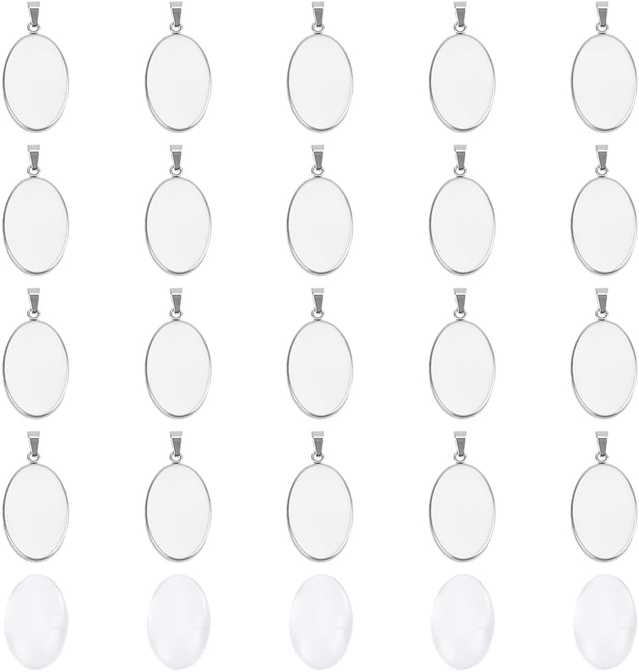 20 Sets Oval Trays Photo Charms Cabochons Blanks Stainless Steel ...