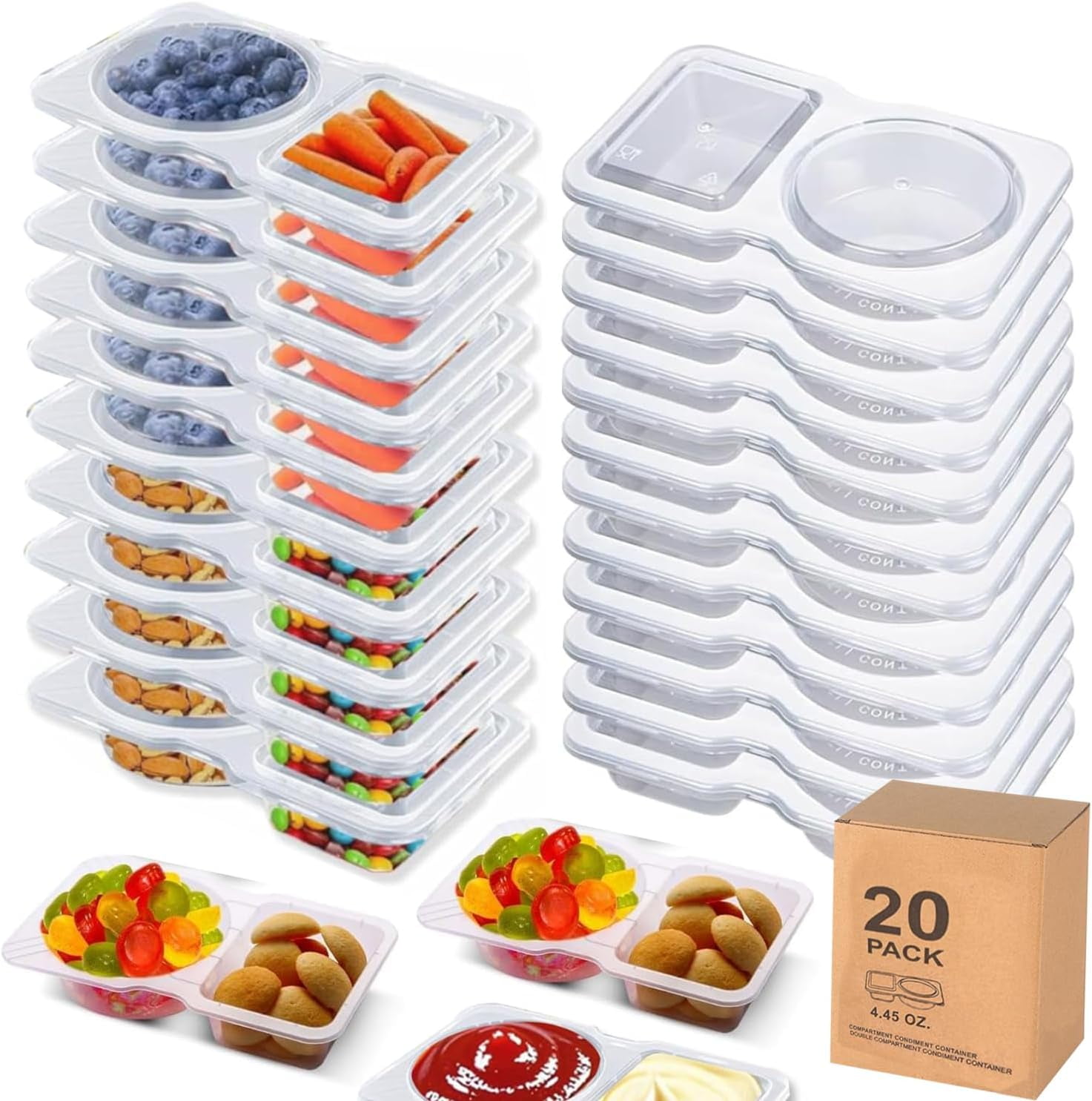20 Sets Reusable Snack Containers with Lids, 2-Compartment Portion ...