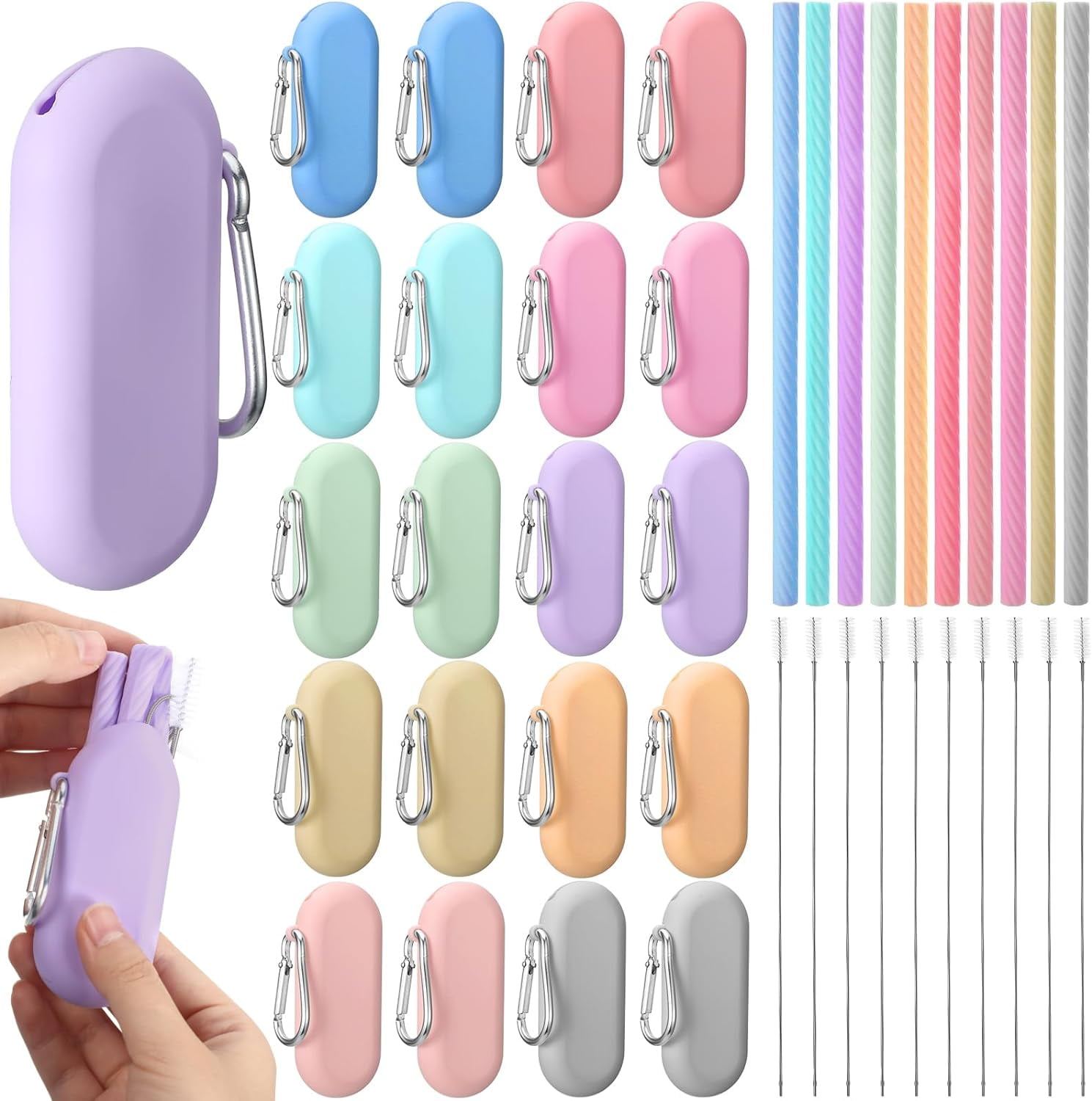 20 Sets Silicone Straws with Case Reusable Collapsible Foldable Travel ...