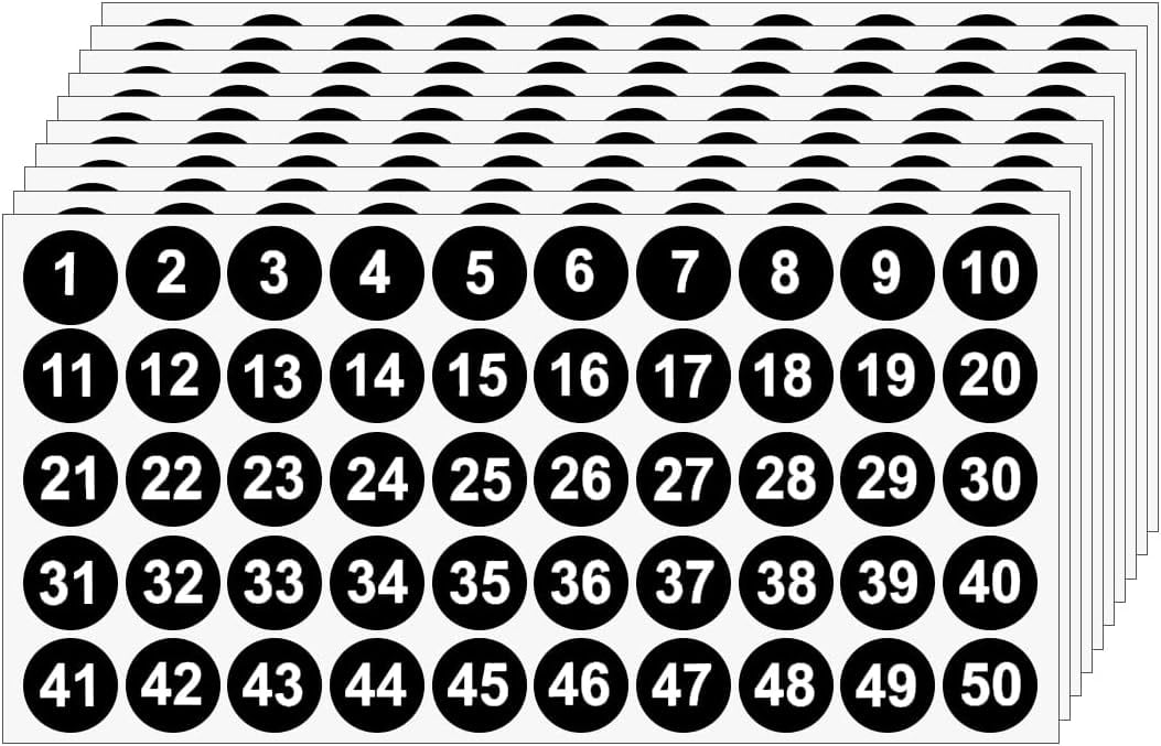 20 Sheets 1 to 50 Vinyl Small Round Labels Consecutive Number Stickers Waterproof Adhesive ...