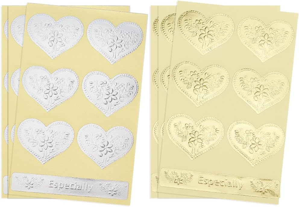 20 Sheets 2 Colors Love Heart Shape Stickers Gold Silver Envelopes ...