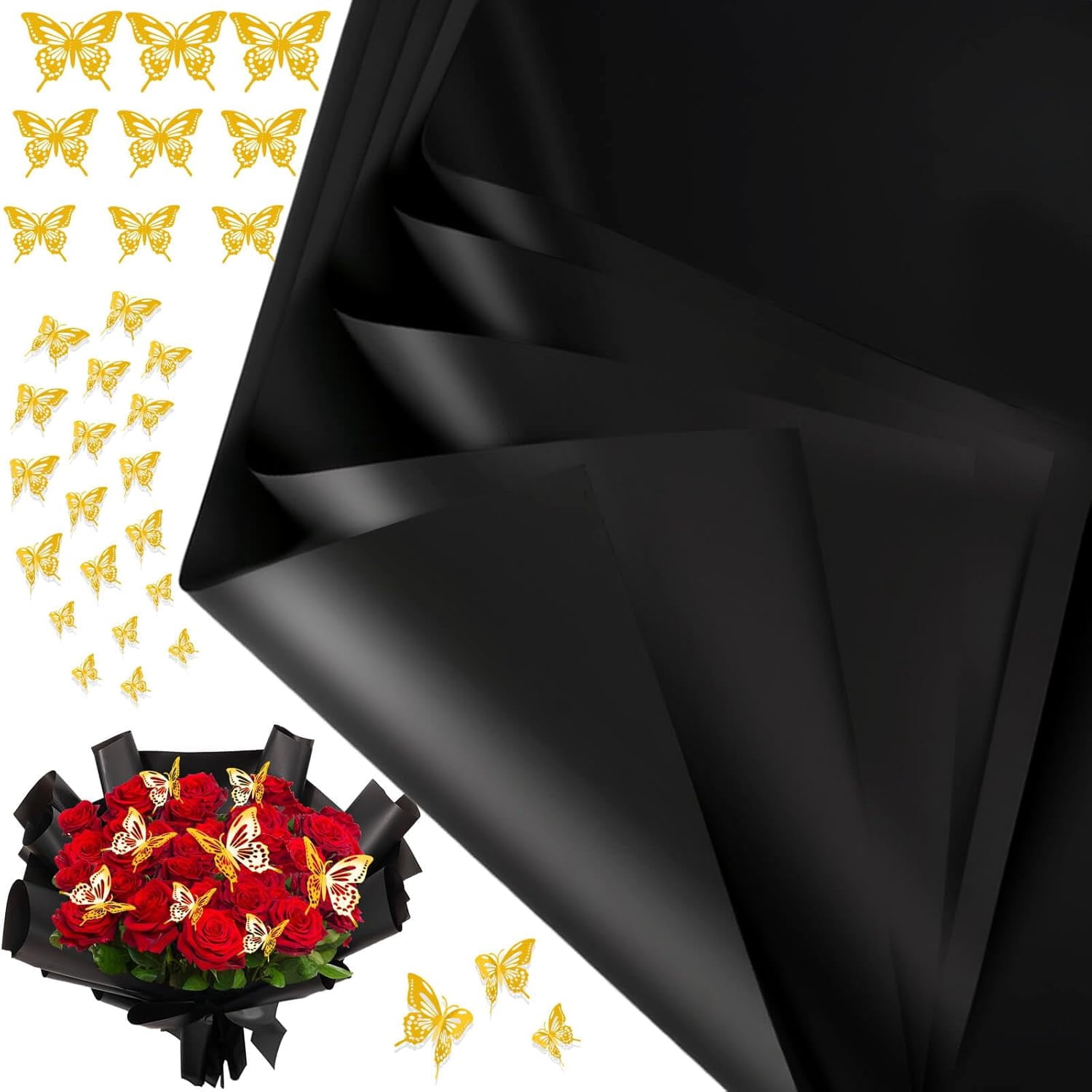 20 Sheets Flower Bouquet Wrapping Paper with 12 Pieces Gold Butterfly ...
