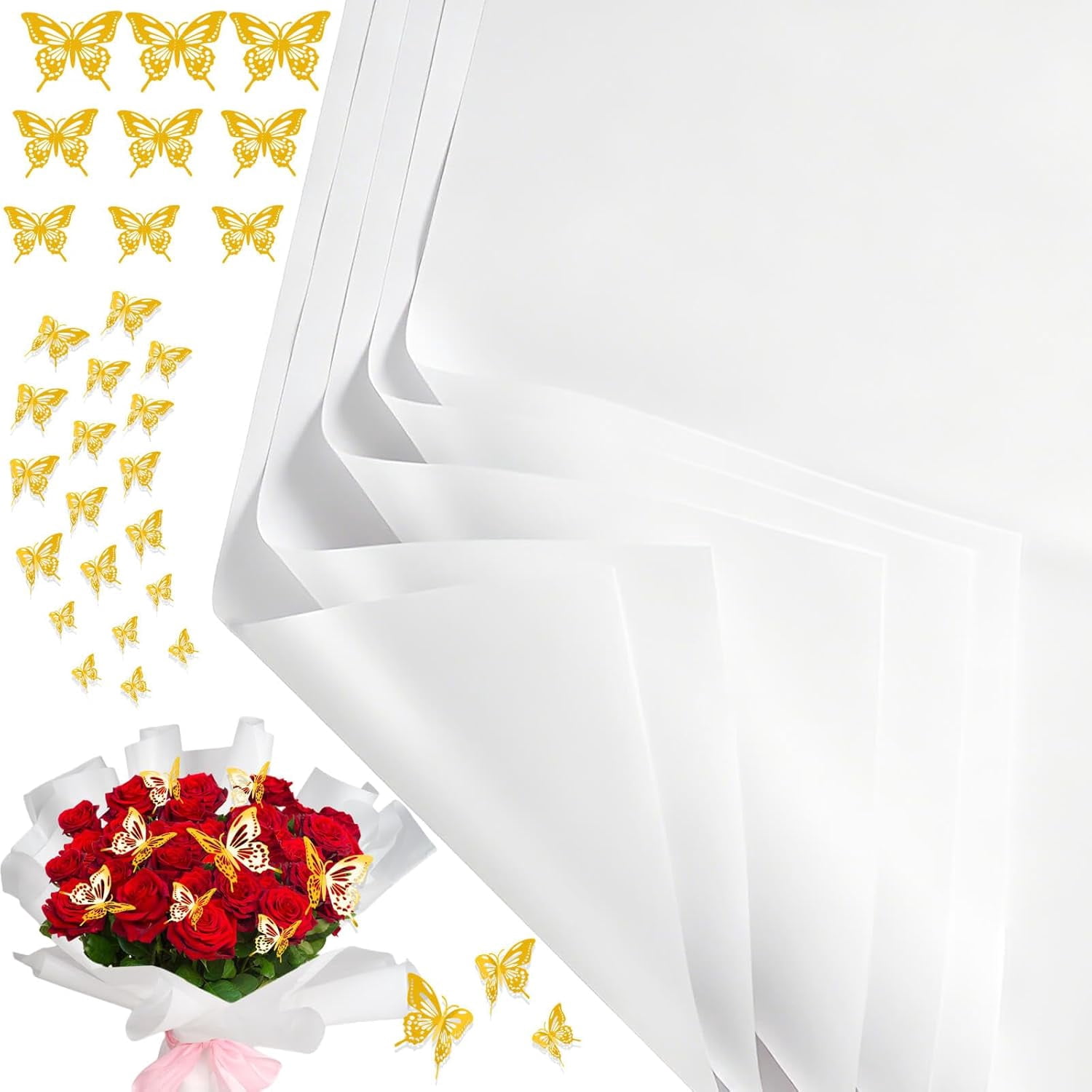 20 Sheets Flower Bouquet Wrapping Paper with 12 Pieces Gold Butterfly ...