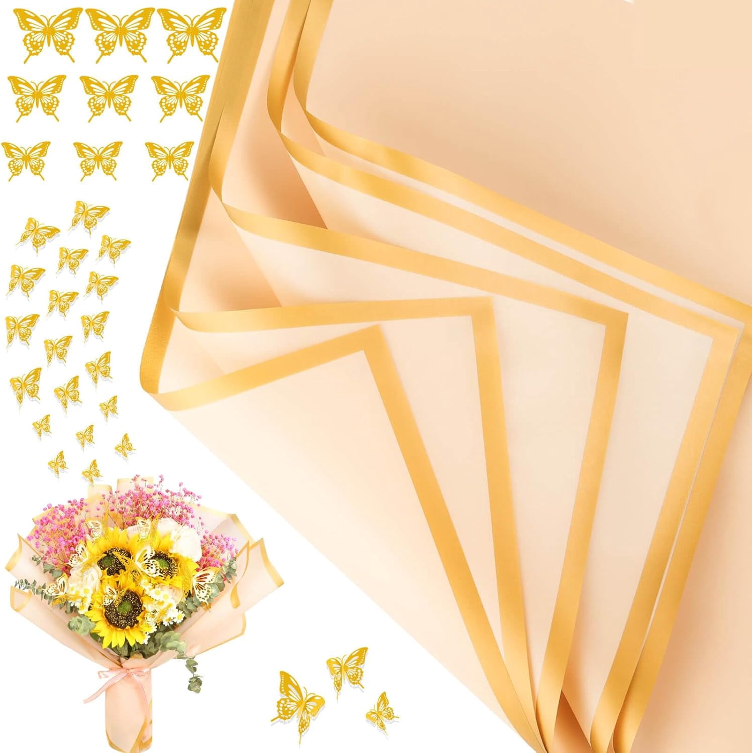 20 Sheets Flower Bouquet Wrapping Paper with 12 Pieces Gold Butterfly ...