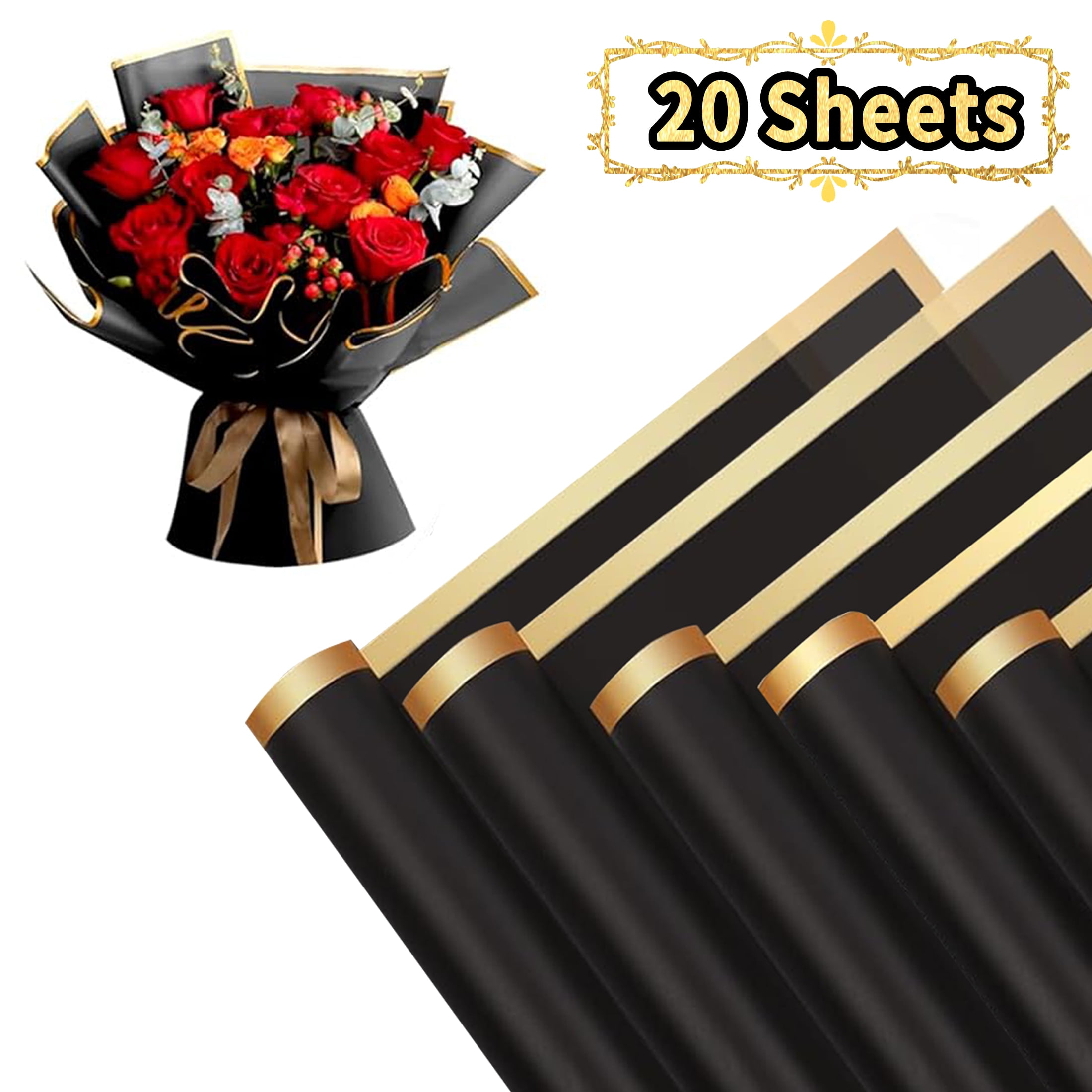 20 Sheets Flower Wrapping Paper, Waterproof Black Bouquet Wrapping ...
