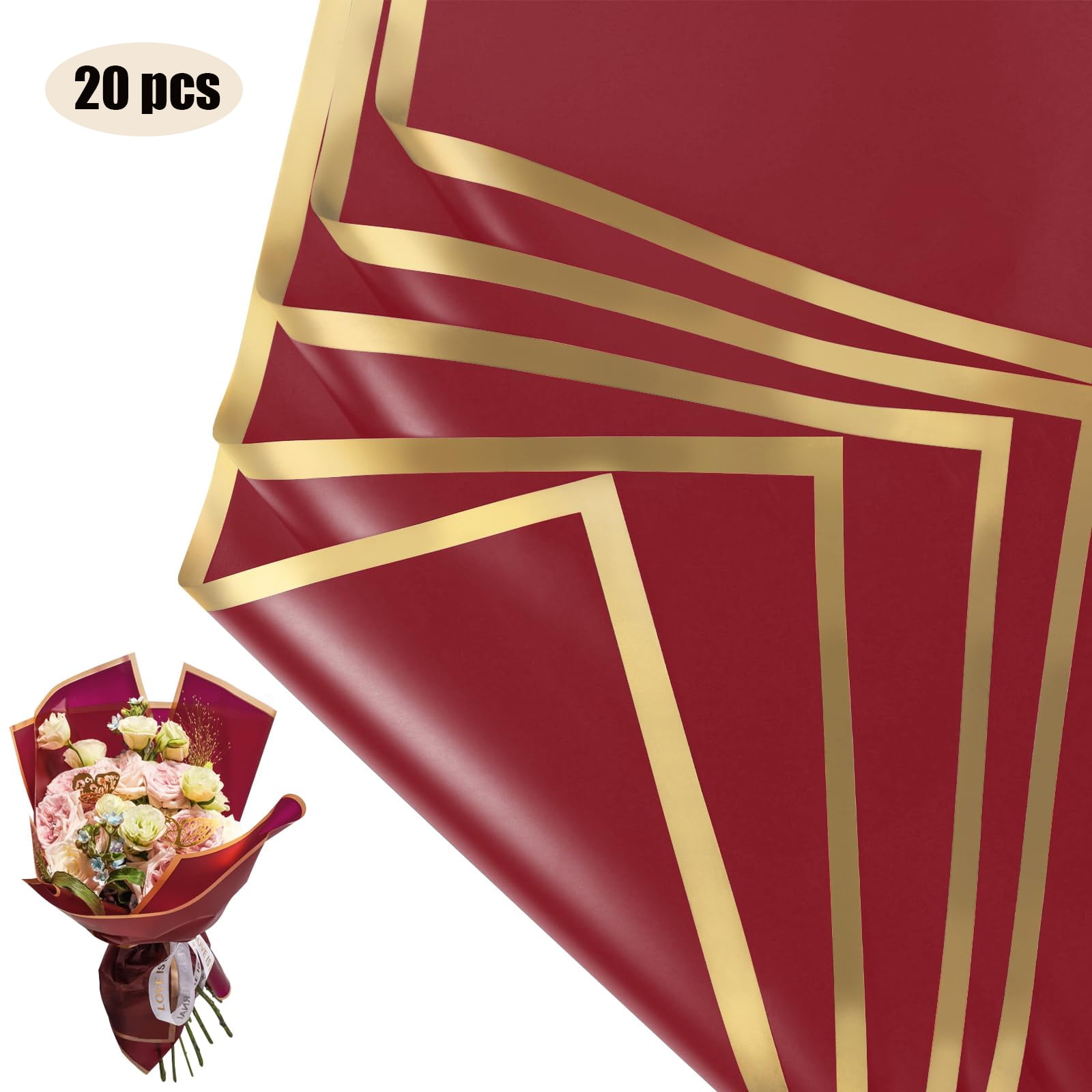 20 Sheets Flower Wrapping Paper with Golden Edges, Waterproof Bouquet ...