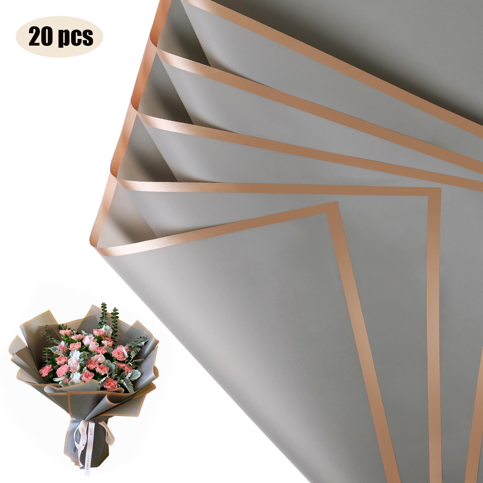 20 Sheets Flower Wrapping Paper with Golden Edges, Waterproof Bouquet ...