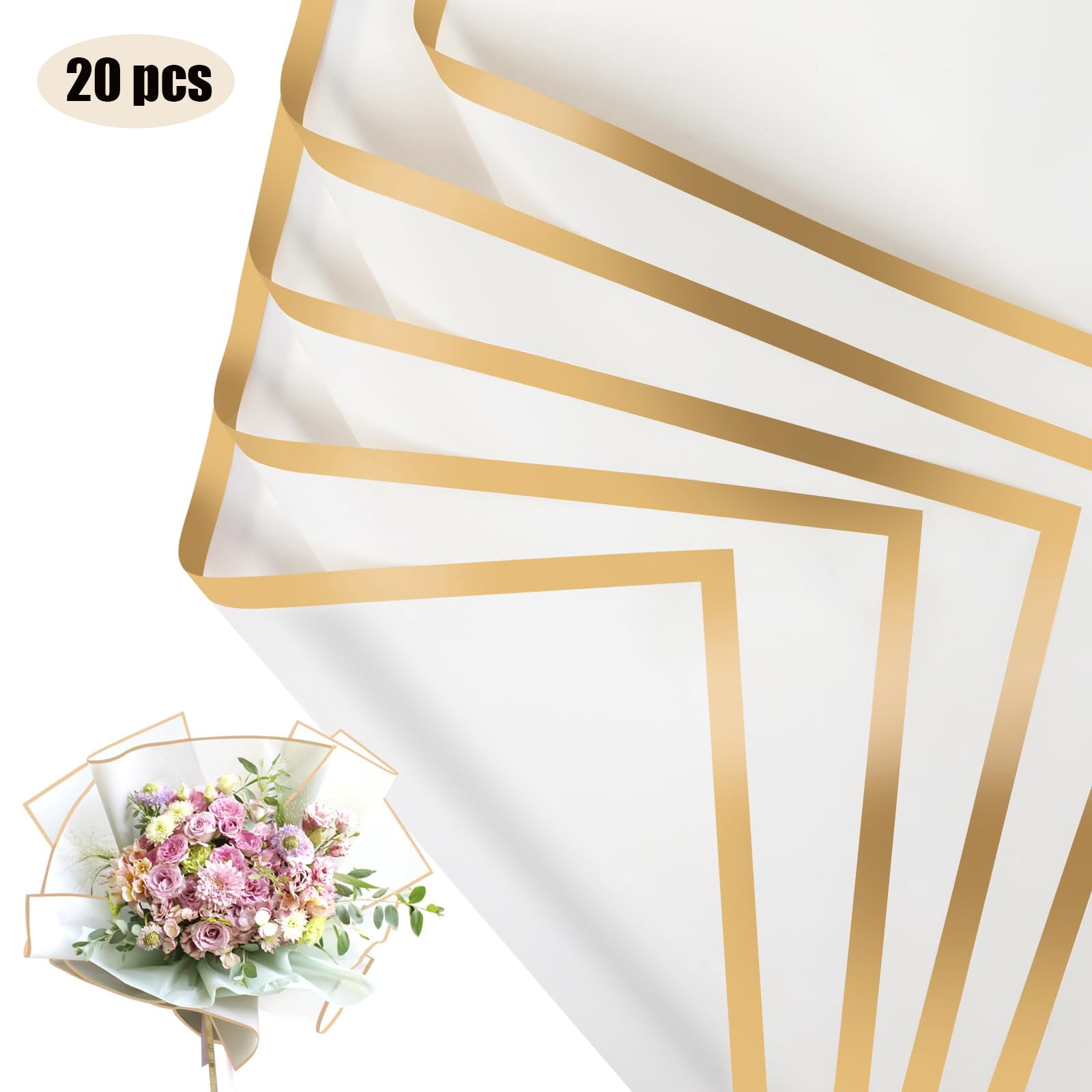 20 Sheets Flower Wrapping Paper with Golden Edges, Waterproof Bouquet ...