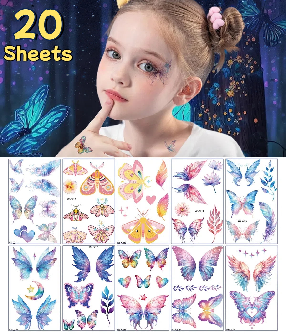 20 Sheets Glitter Butterfly Temporary Tattoos for Women Girls, Eye Face ...