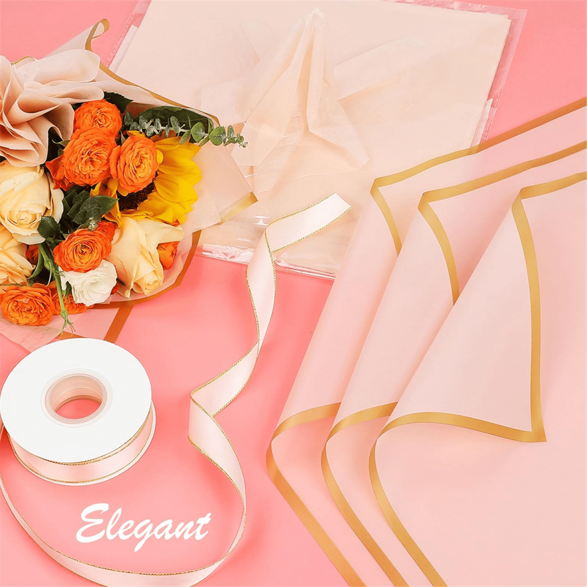 20 Sheets Gold Edge Flower Wrapping Paper Bouquet Packaging Florist ...