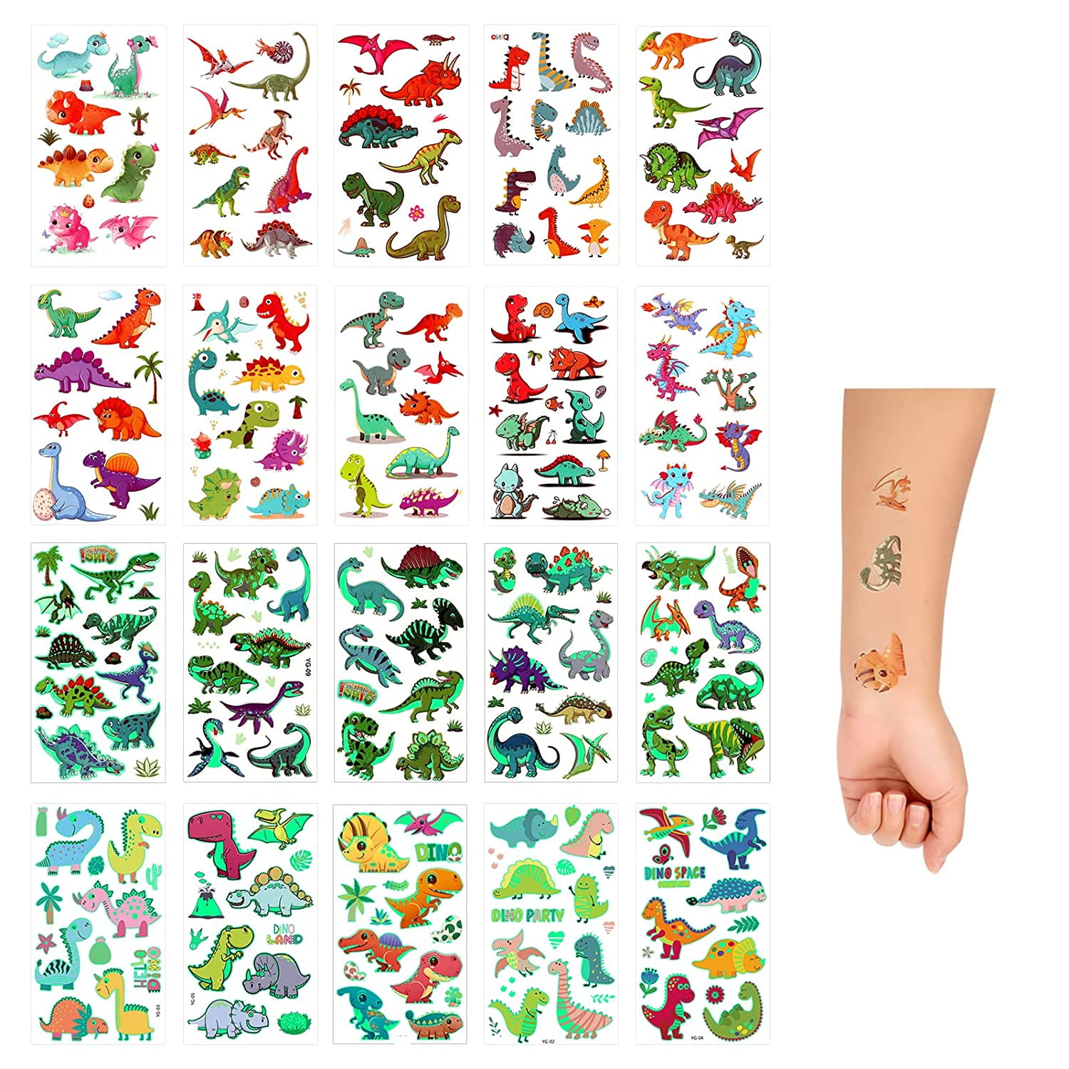 20 Sheets Kids Temporary Tattoos, Luminous Dinosaur Tattoo Stickers ...