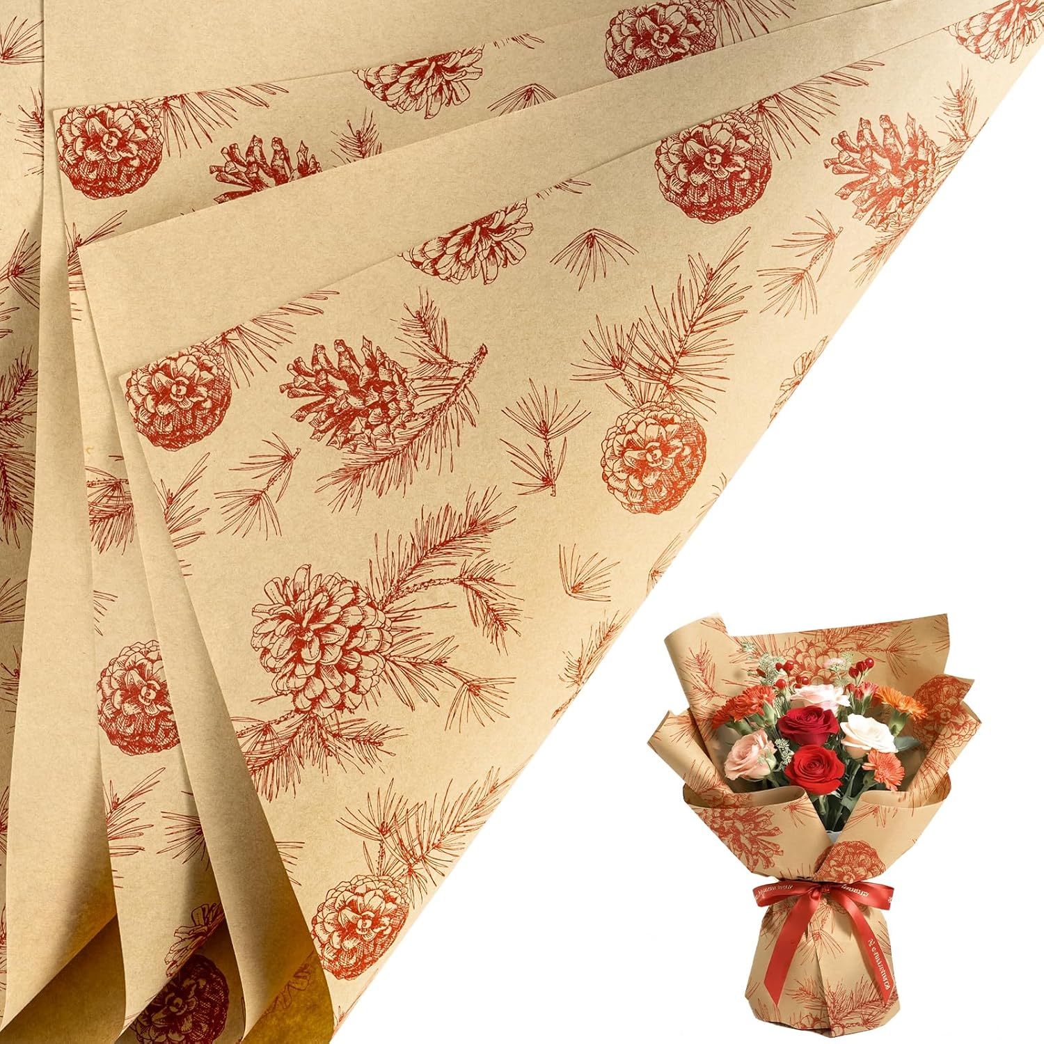 20 Sheets Kraft Newsprint Flower Wrapping Paper -Reversible Floral ...