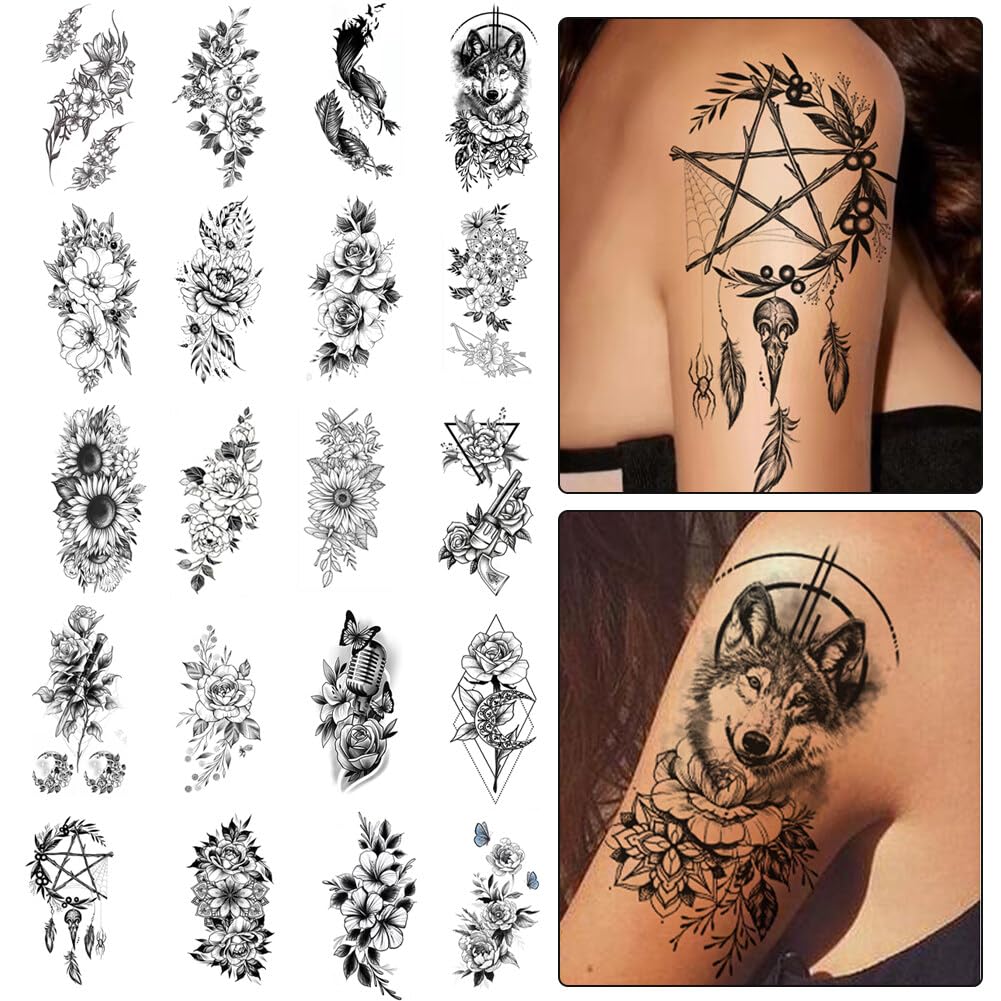 20 Sheets Large Flower Temporary Tattoos Waterproof Fake Flower Tattoos ...