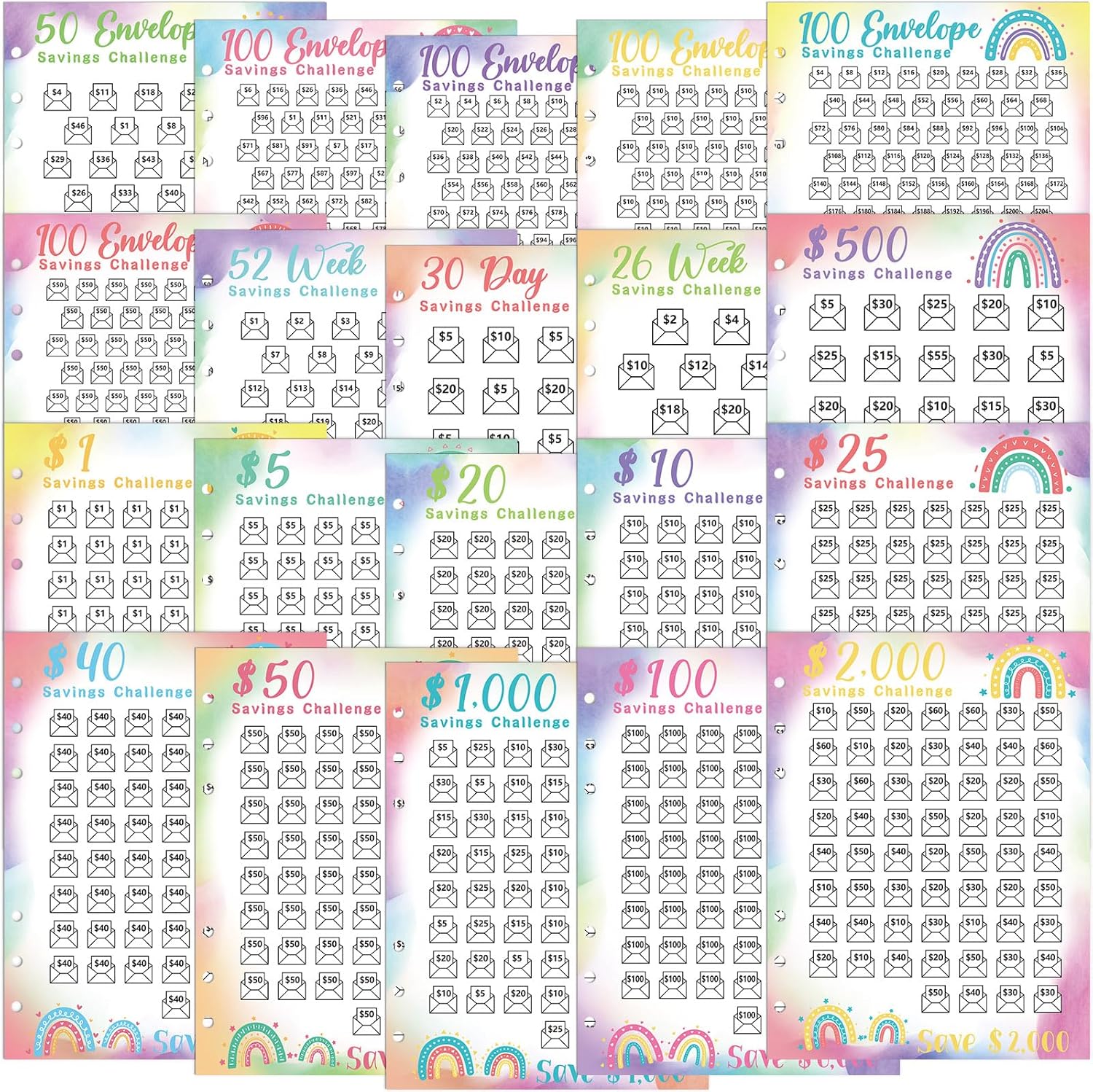 20 Sheets Money Saving Challenge Binder Trackers with 6 Perforated ...