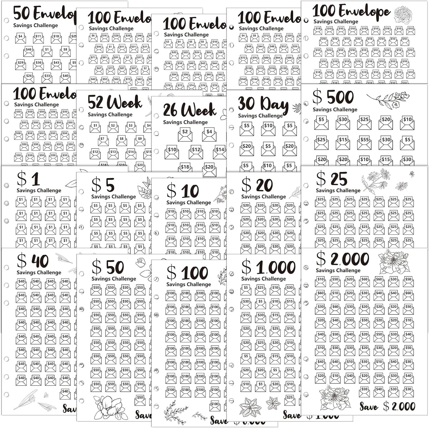 20 Sheets Money Saving Challenge Binder Trackers with 6 Perforated ...