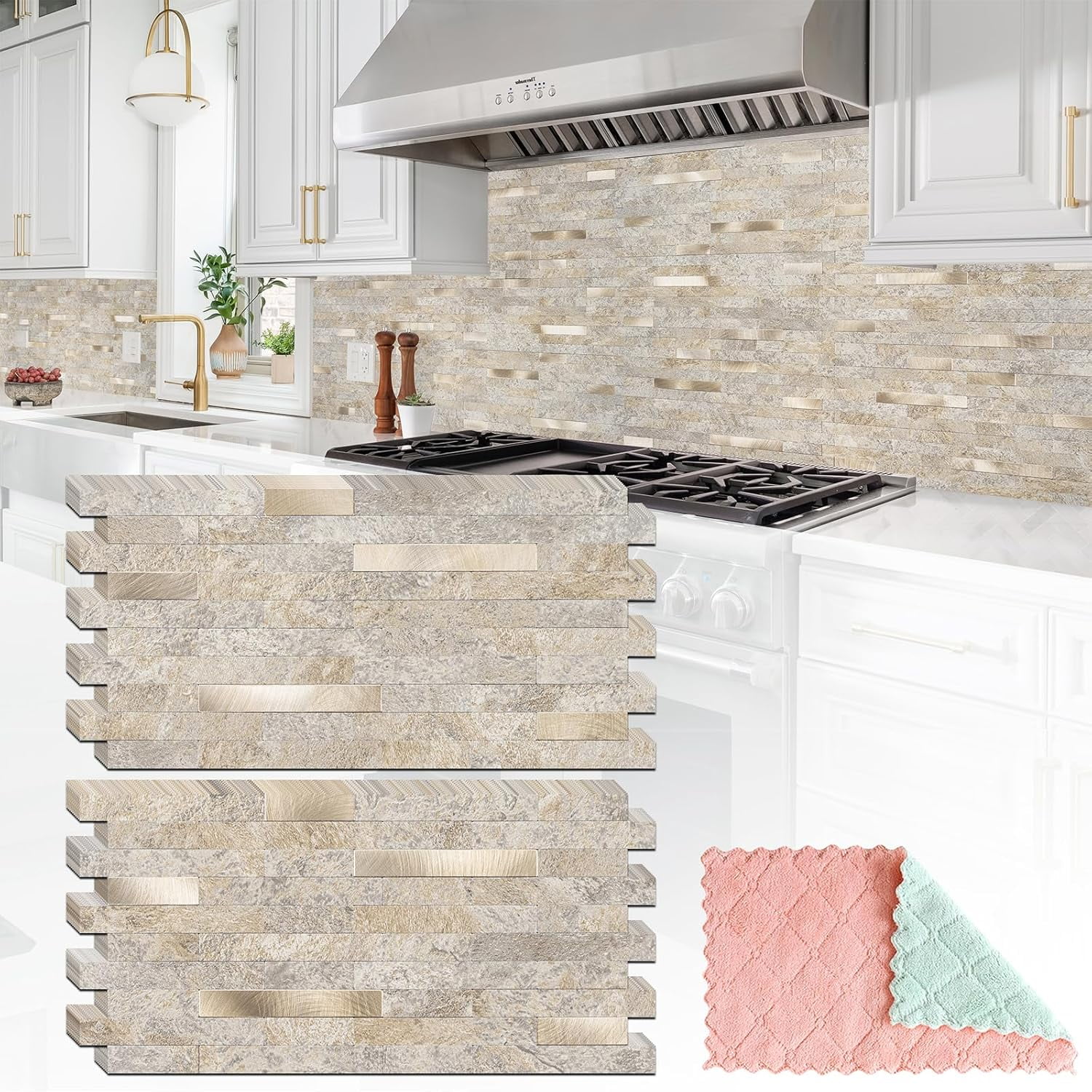 20 Sheets Peel and Stick Backsplash, Dark Beige with Metal Gold Look ...