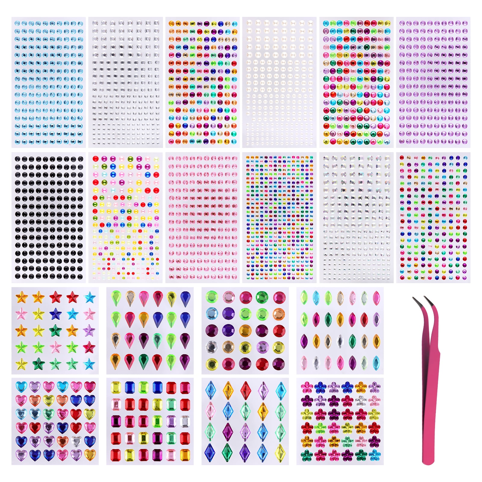 20 Sheets Self-Adhesive Glitter Stones with tweezer, Kalolary 2714 ...