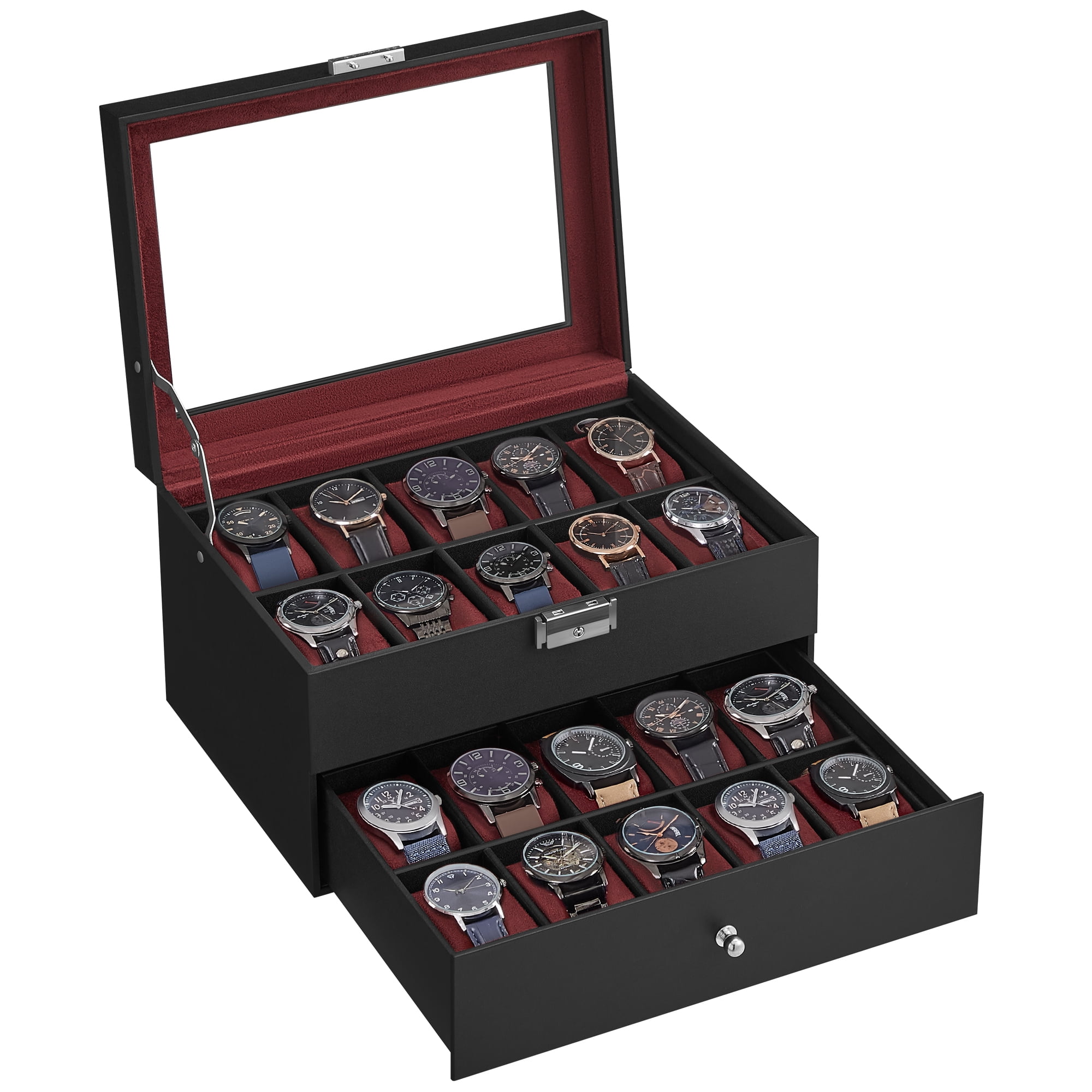 20-Slot Watch Box, Watch Case with Glass Lid, 2 Layers, Lockable Watch ...