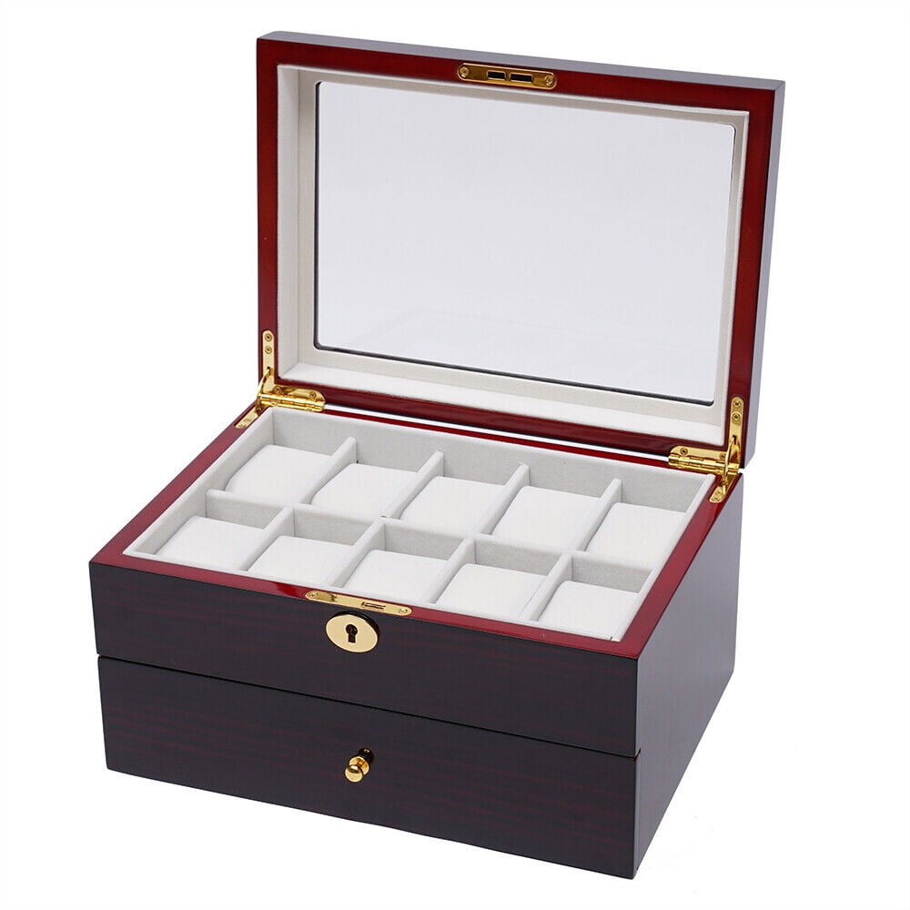 20 Slot Wood Watch Box Display Case Glass Top Jewelry Storage Organizer ...