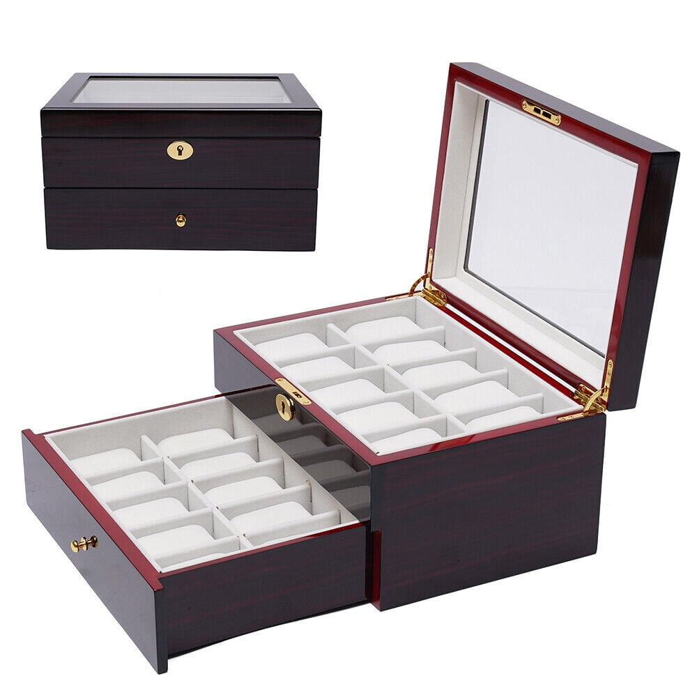 20 Slot Wood Watch Box Display Case Glass Top Jewelry Storage Organizer ...