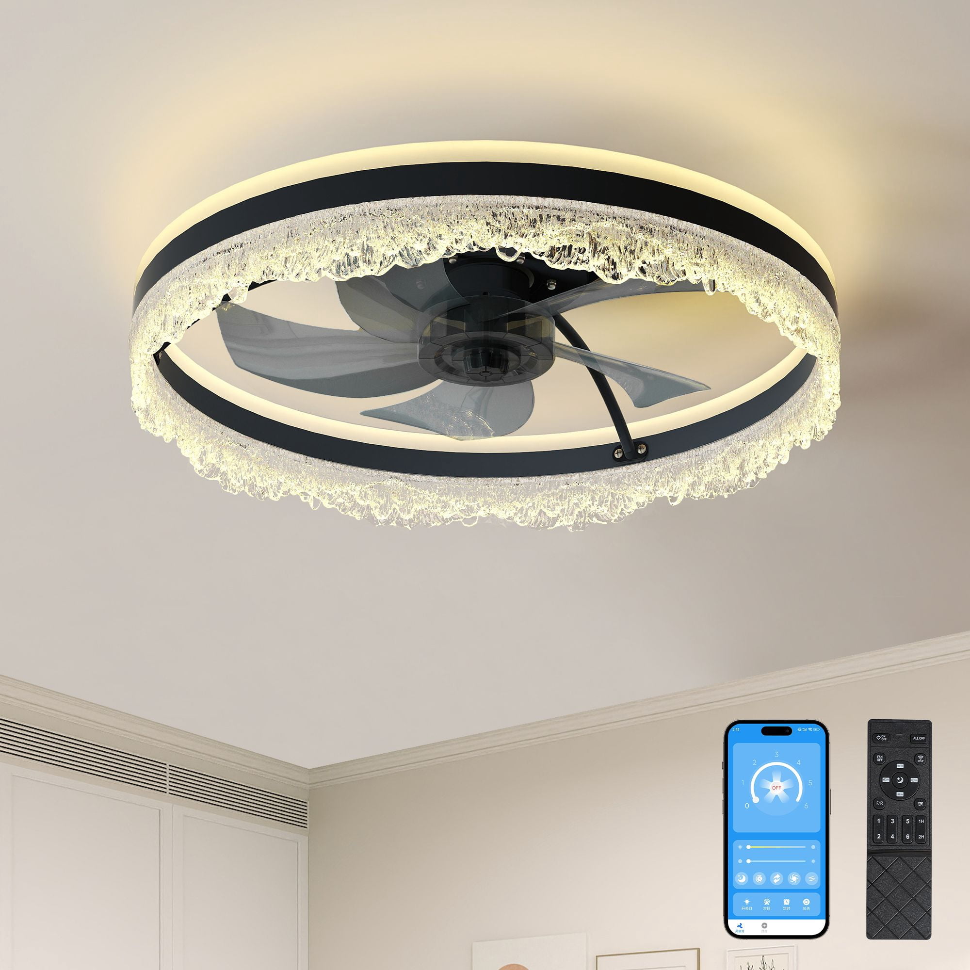 20" Smart Ceiling Fan with Light, Crystal Flush Mount, Quiet DC Motor ...