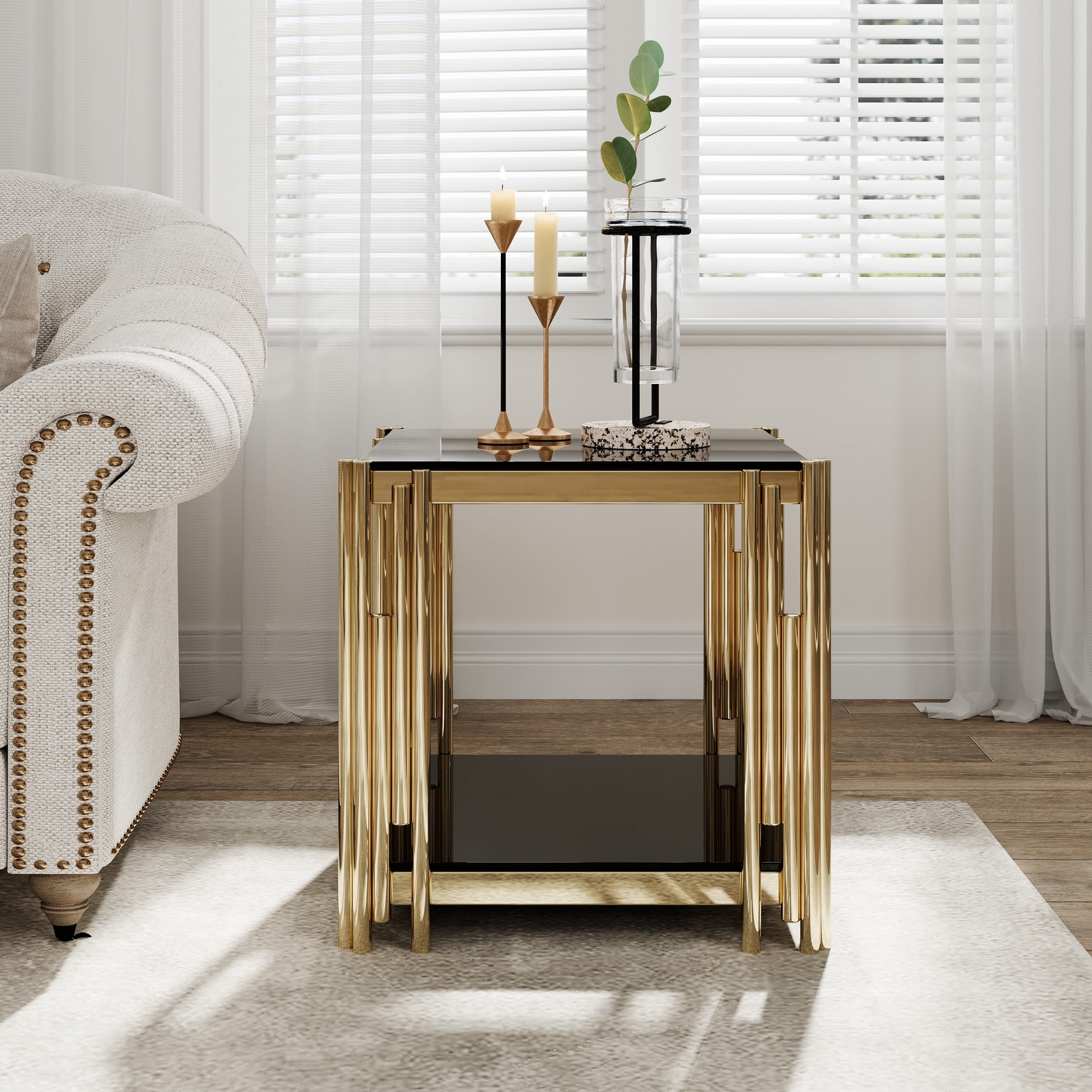 20" Square End Table With Black Glass And Golden Stainless Steel ...