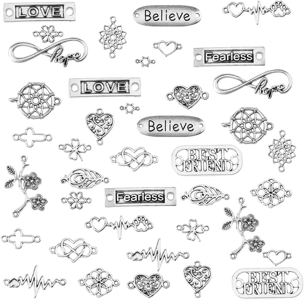 20 Styles 60Pcs Word Connector Charms Heart Link Charm Bulk Silver ...