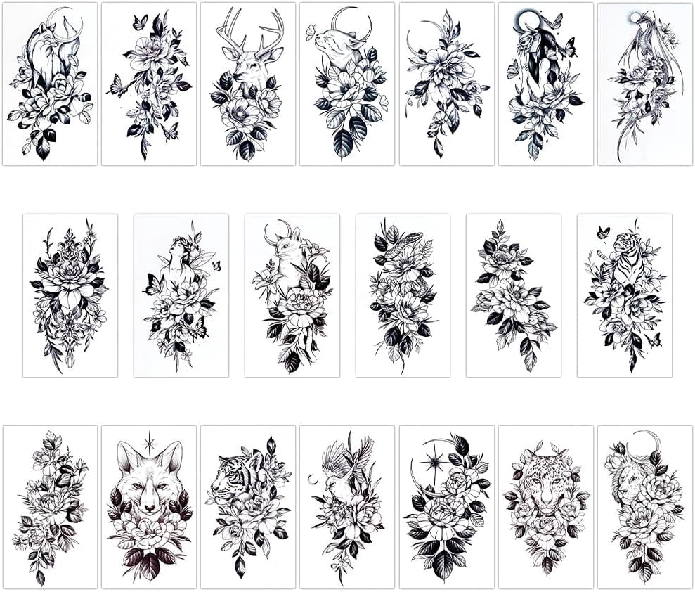 20 Styles Flower Temporary Tattoos Floral Animal Black Temporary ...
