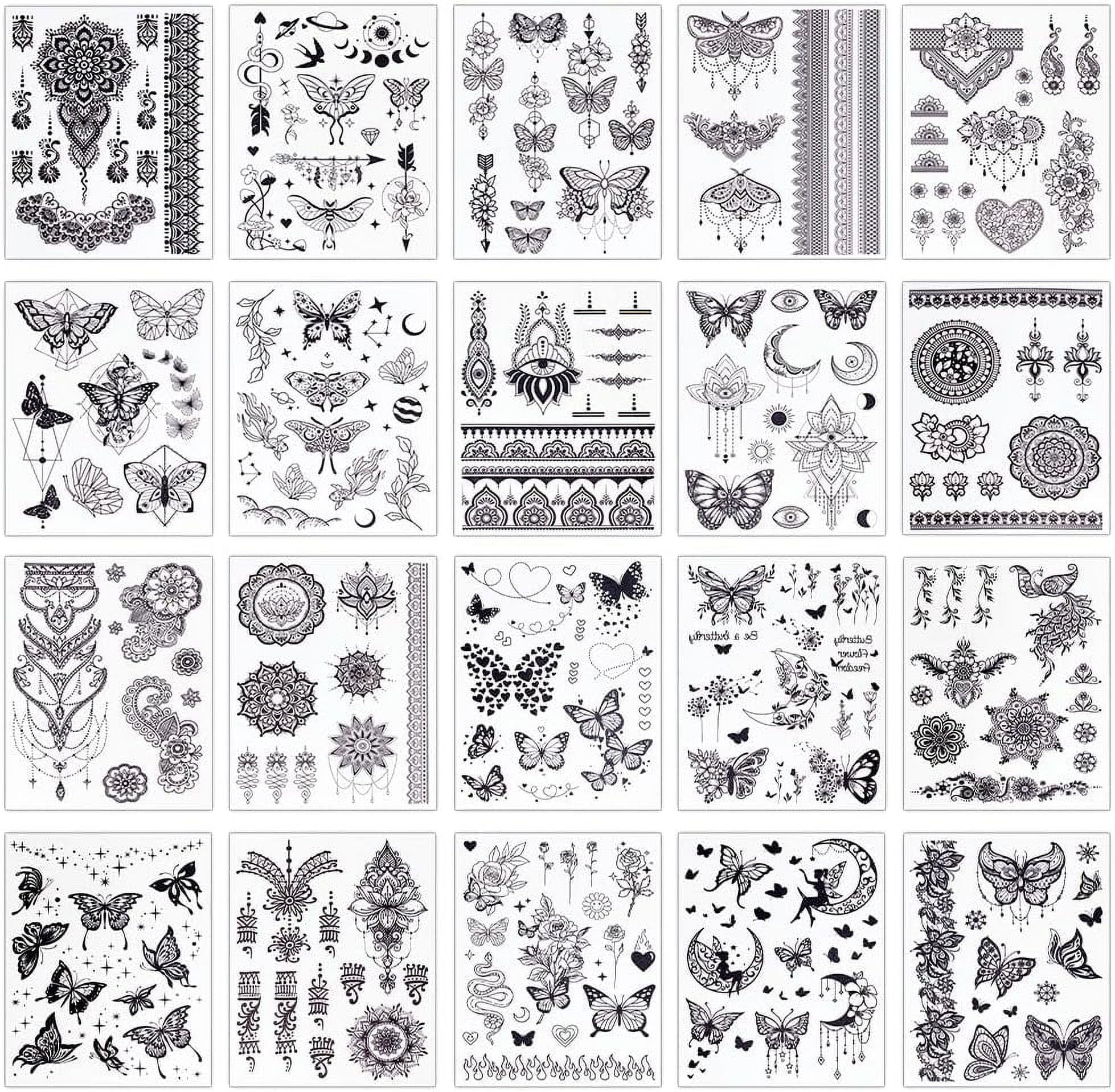 20 Styles Mandala Temporary Tattoos Flower Butterfly Black Indian Lace ...