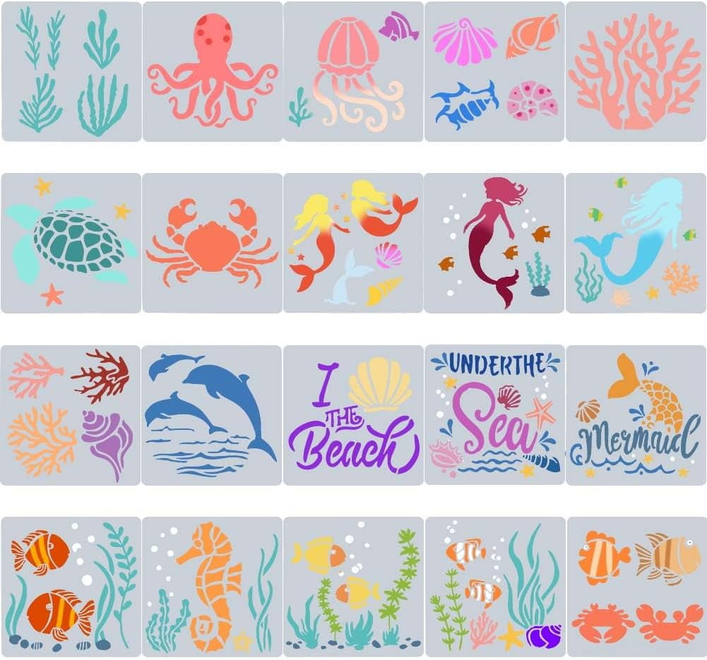20 Styles Ocean Creatures Stencils Mermaid Painting Template Seahorse ...