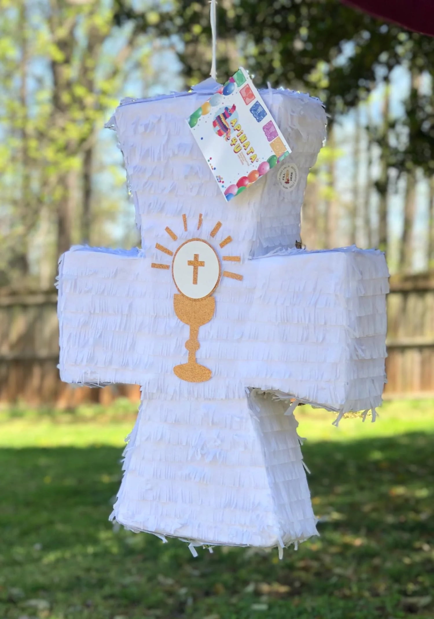 20" Tall White Cross Piñata with Gold Chalice Accents for Baptism or ...