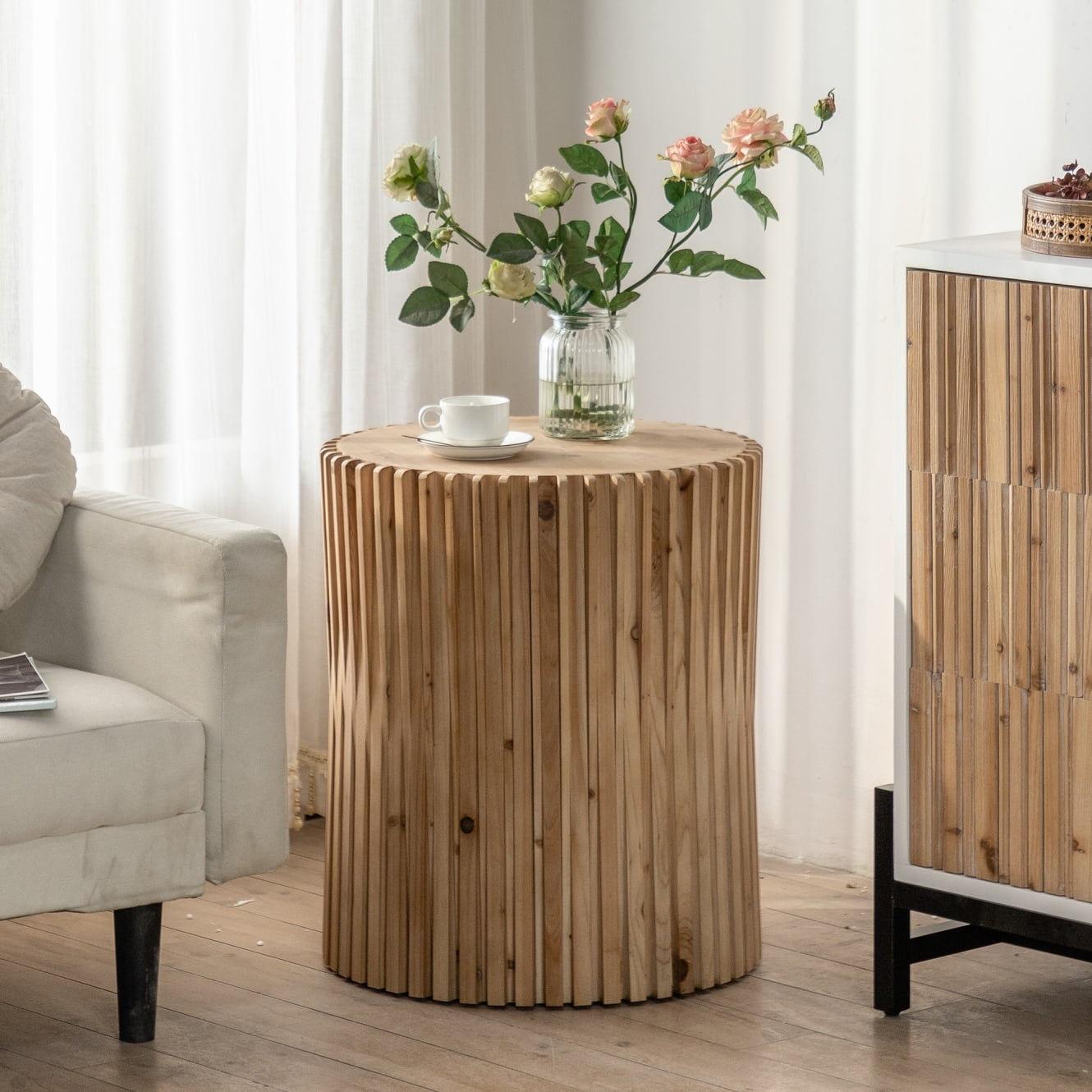 Triple Tree Round Medium Density Fiberboard Coffee Table, Natural ...